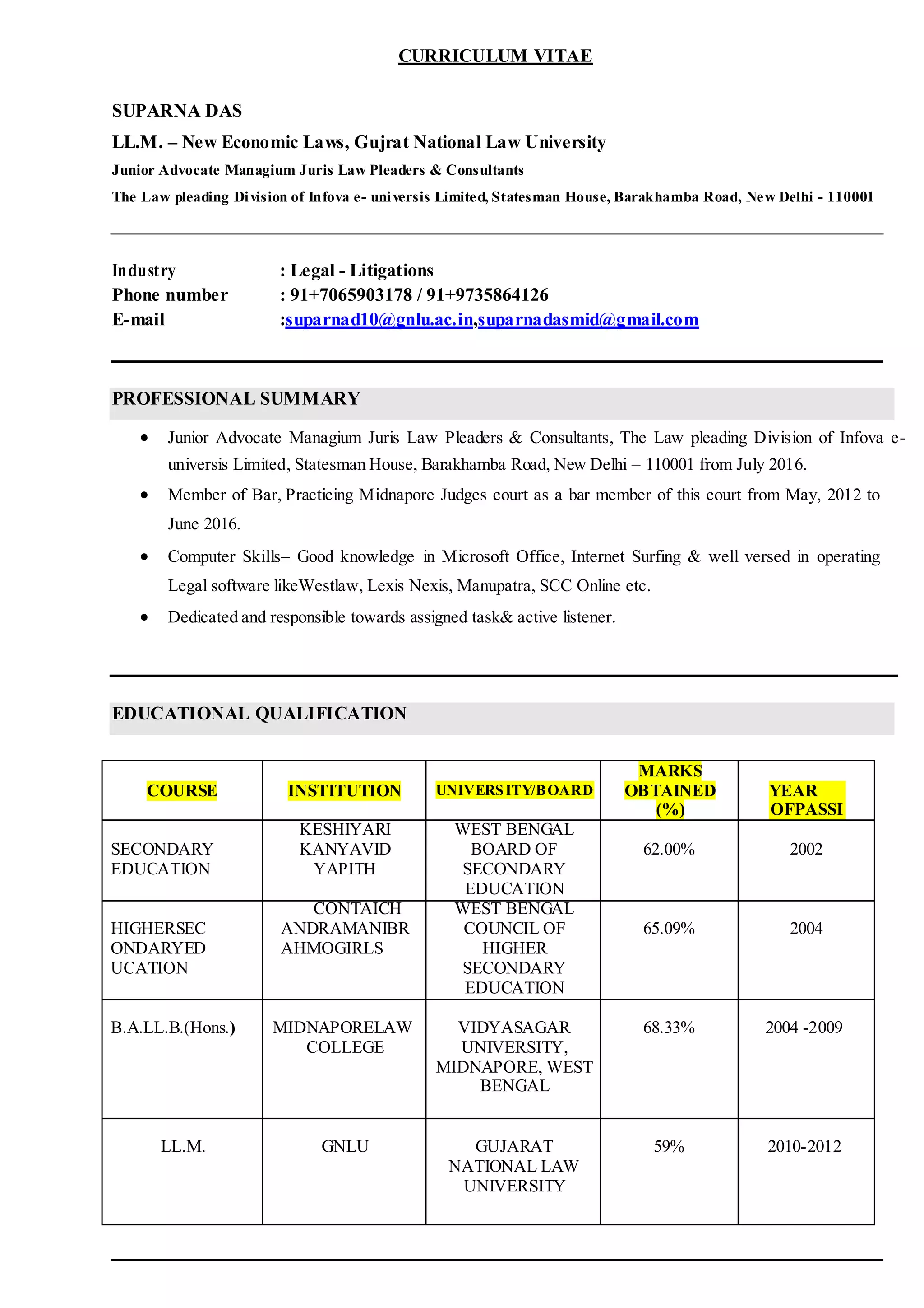 CURRICULUM VITAE - Suparna Das | PDF