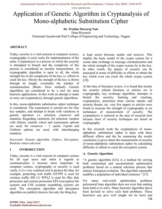 Application Of Genetic Algorithm In Cryptanalysis Of Mono Alphabetic Substitution Cipher Pdf