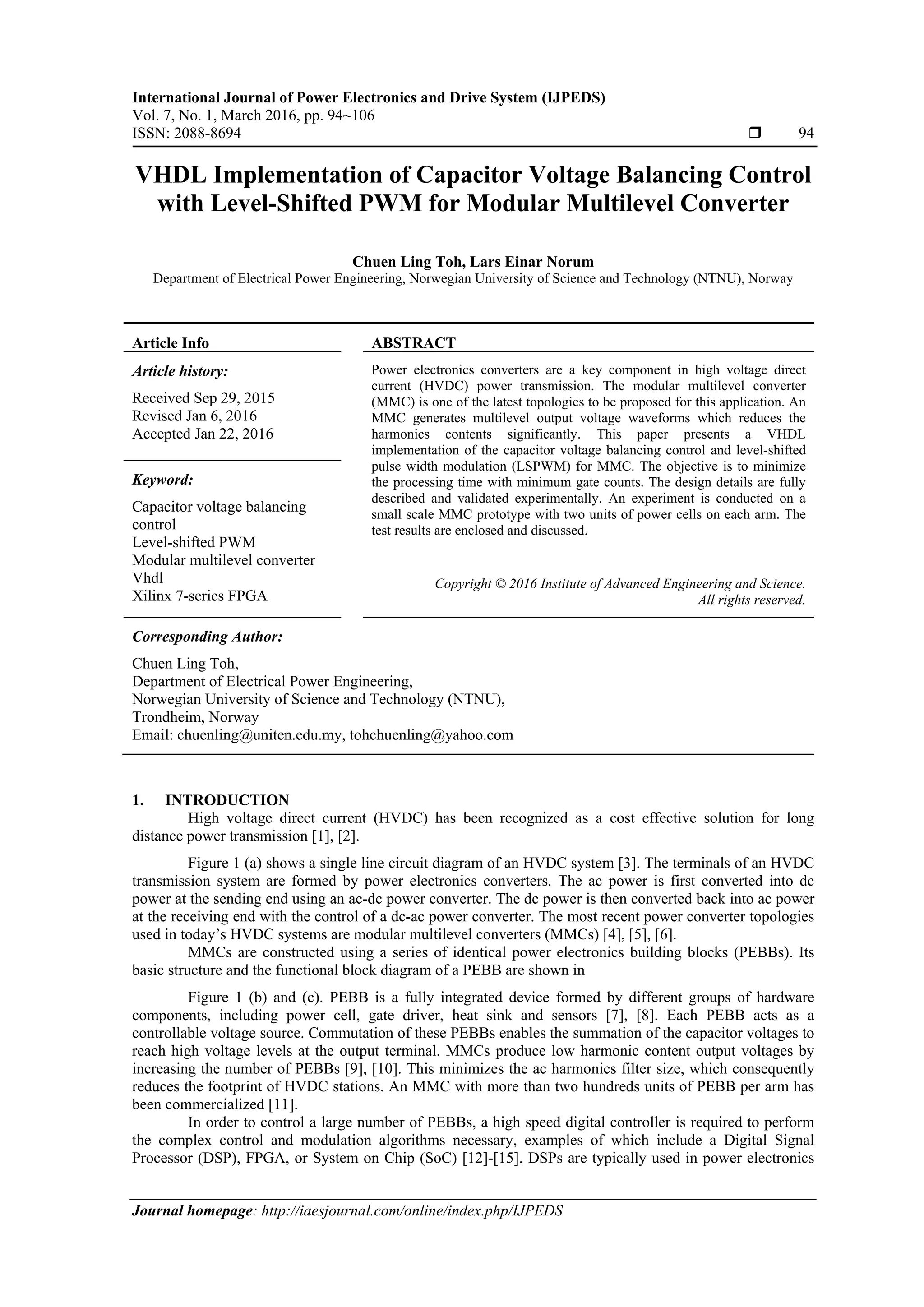 Vhdl Implementation Of Capacitor Voltage Balancing Control With Level Shifted Pwm For Modular