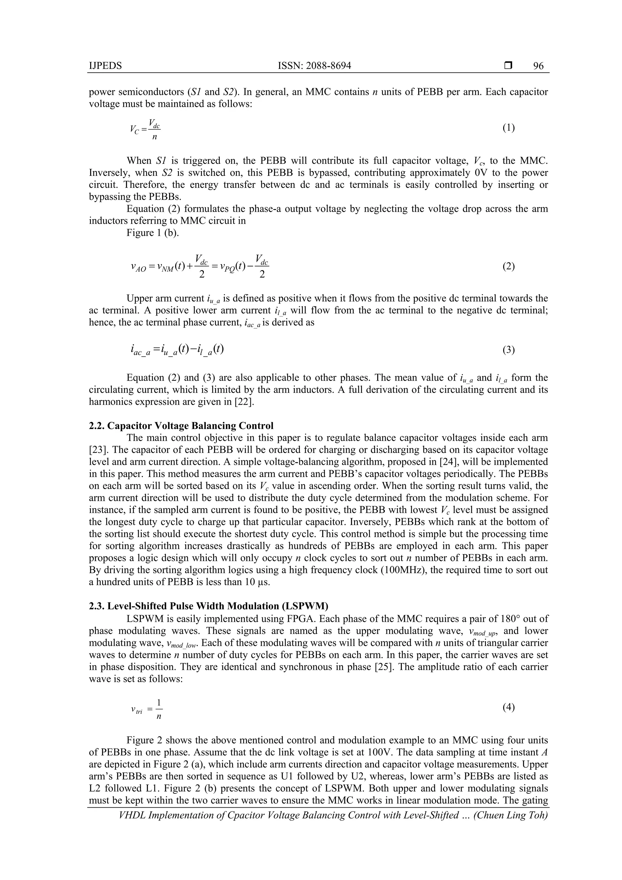 Vhdl Implementation Of Capacitor Voltage Balancing Control With Level Shifted Pwm For Modular
