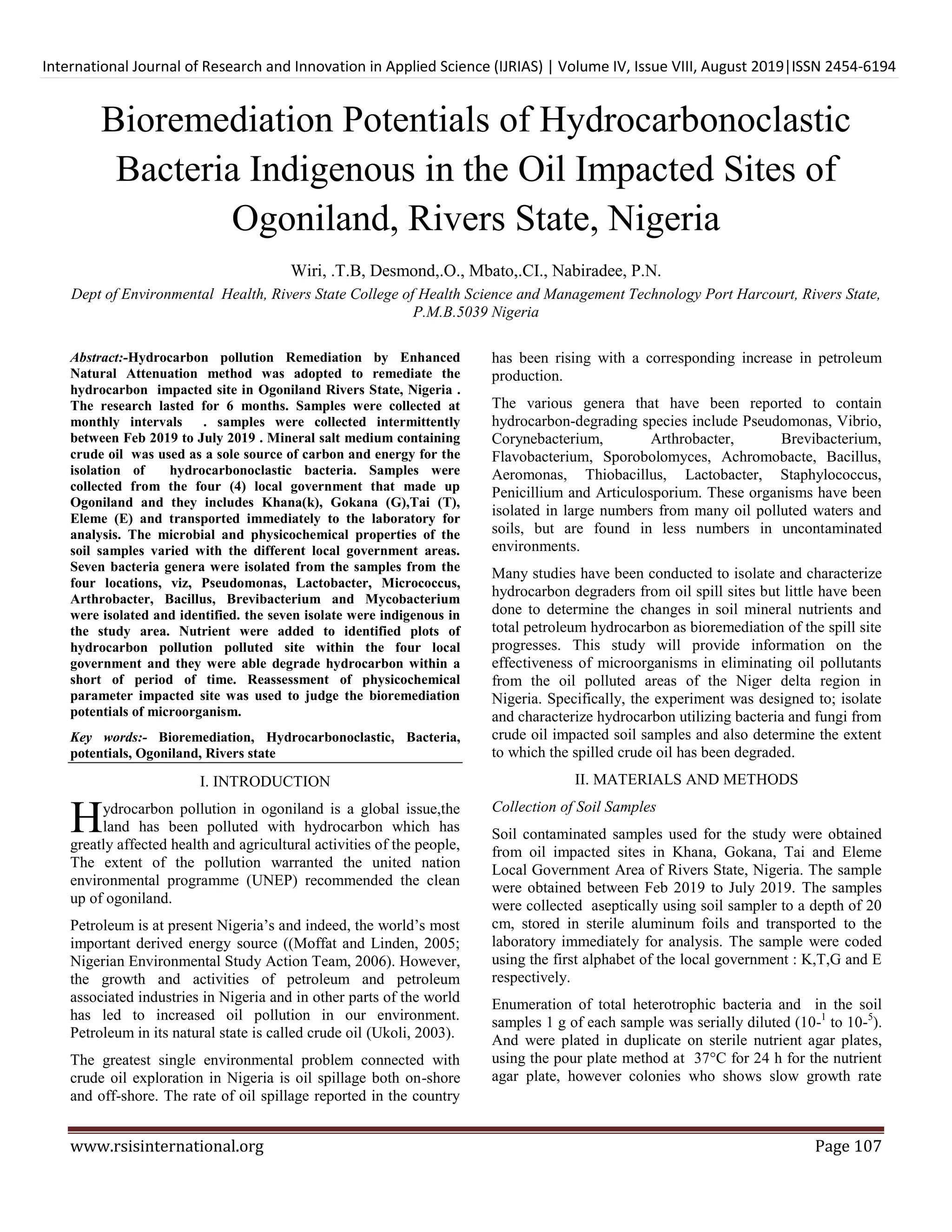 Bioremediation Potentials of Hydrocarbonoclastic Bacteria Indigenous in ...