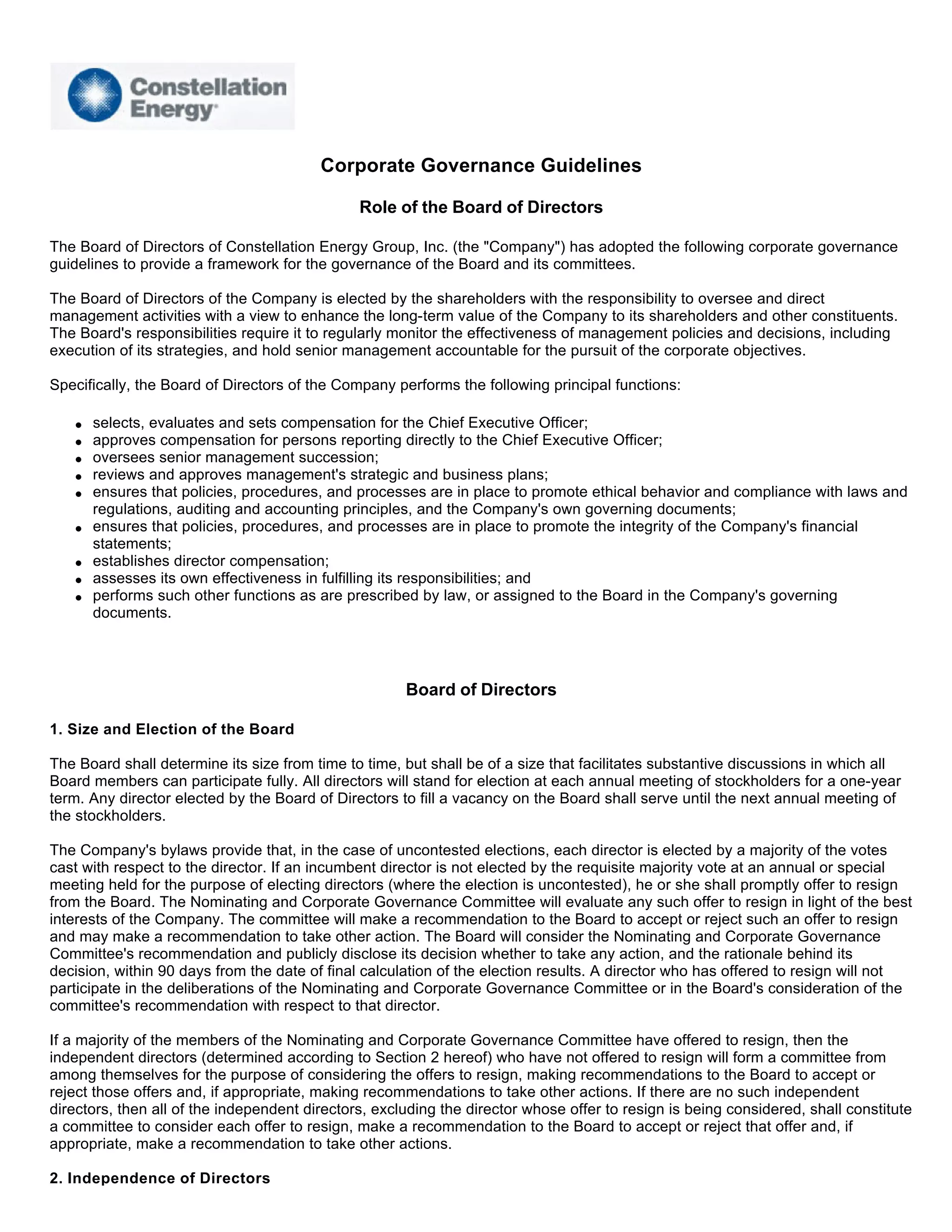 constellation energy Corporate Governance Guidelines | PDF