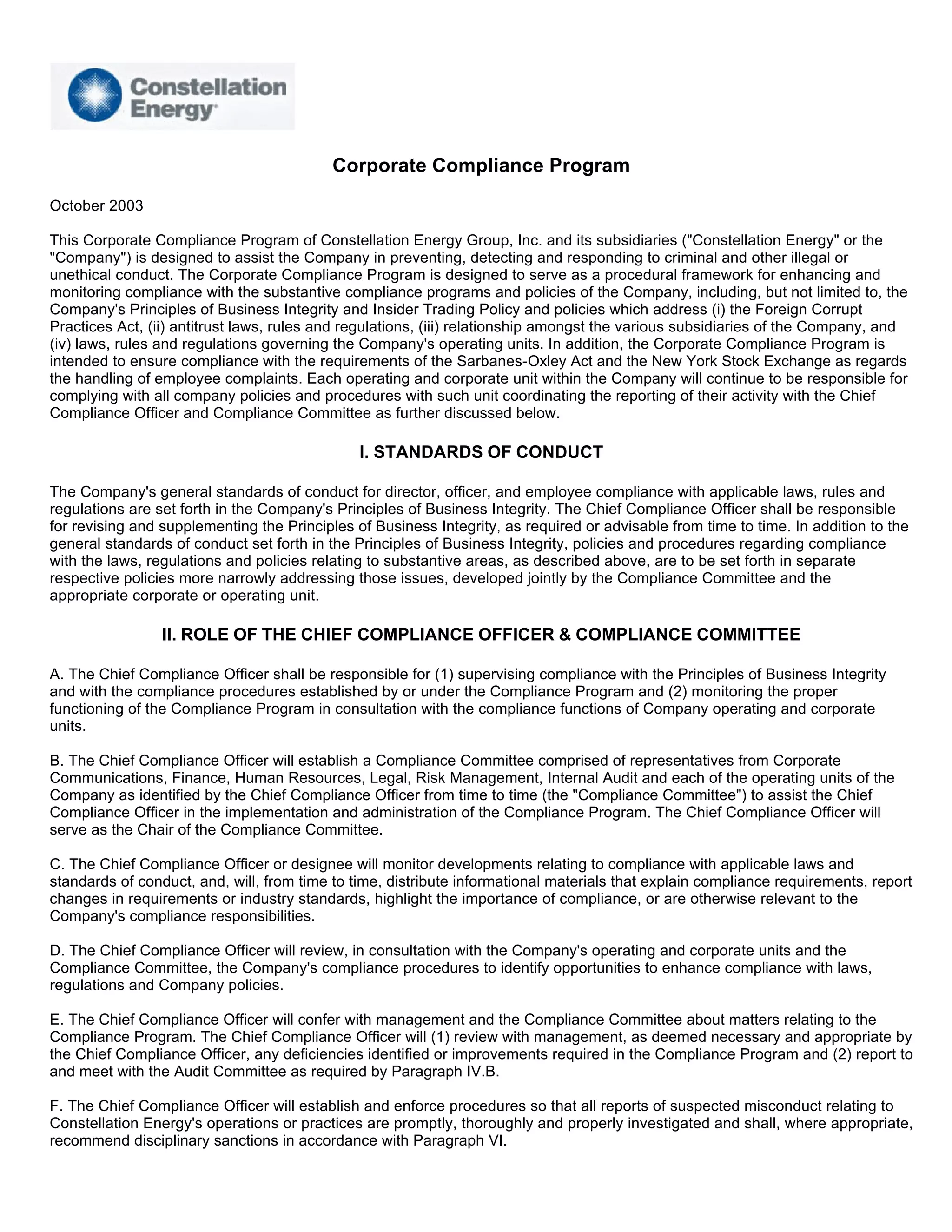 constellation energy Corporate Compliance Program | PDF