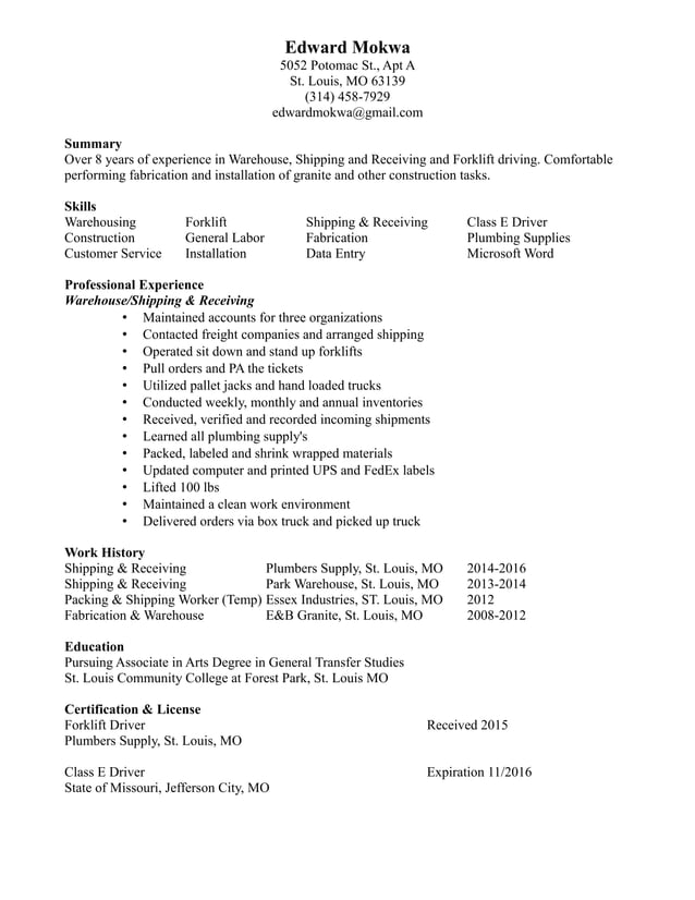 new resume 2016 | ODT | Logistics | Business