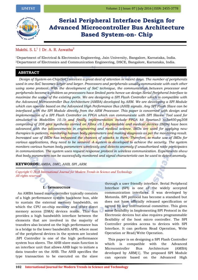 Serial Peripheral Interface Design for Advanced Microcontroller Bus Architecture Based System-on ...