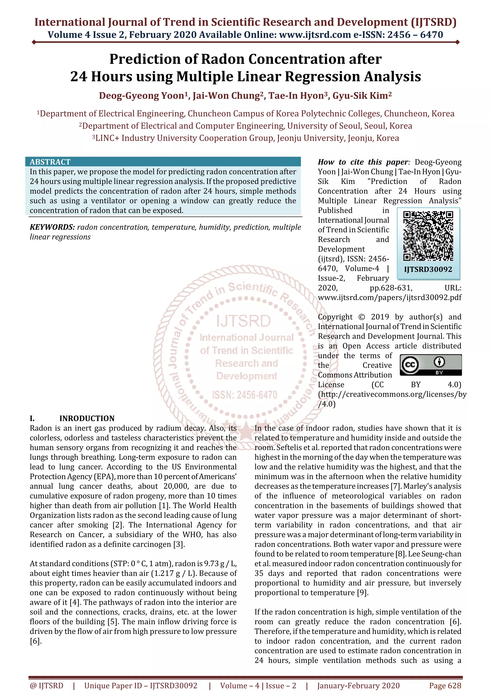 Prediction Of Radon Concentration After 24 Hours Using Multiple Linear