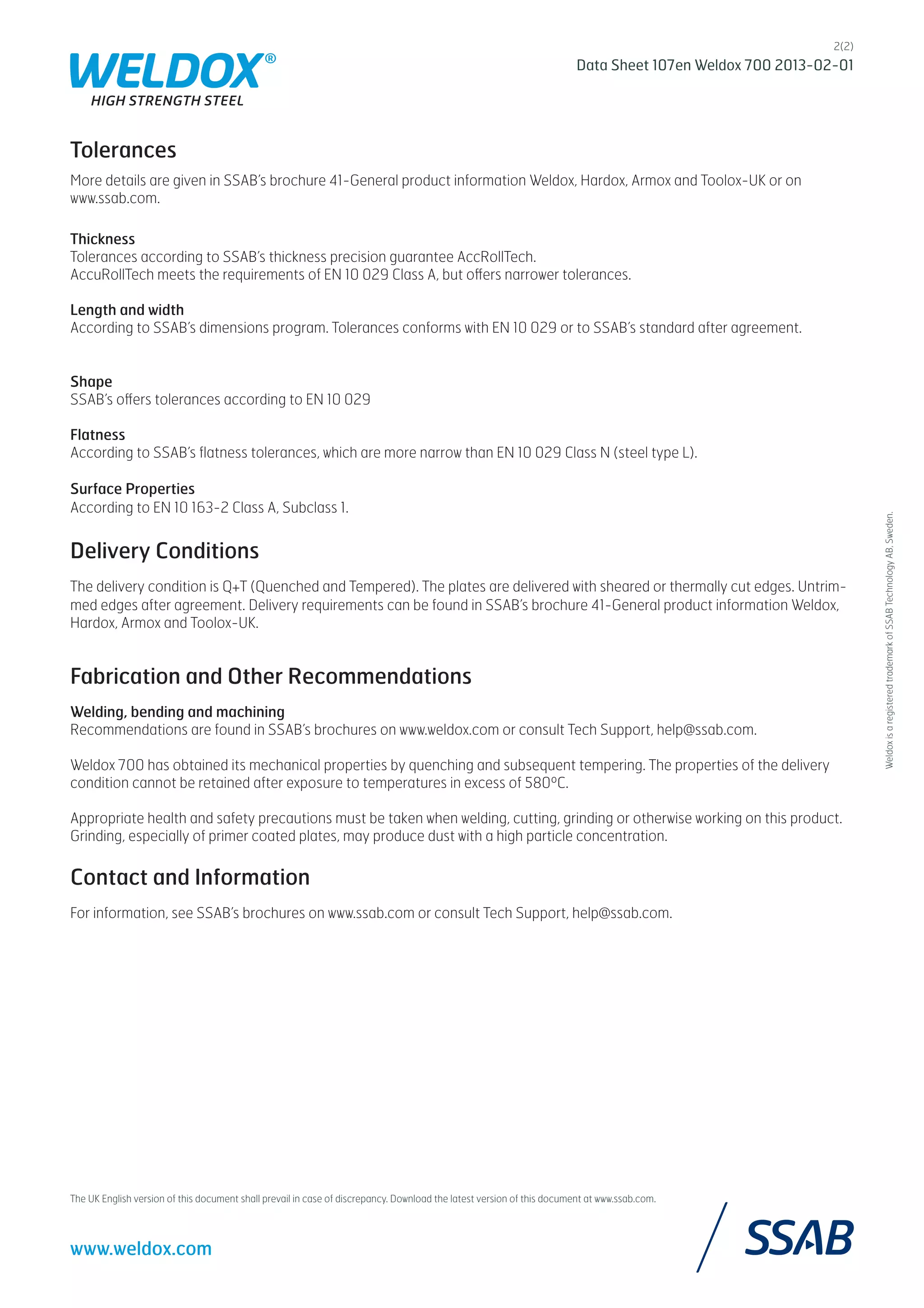 107 weldox 700_uk_data sheet -Ficha técnica Aço estrutural Weldox 700 | PDF