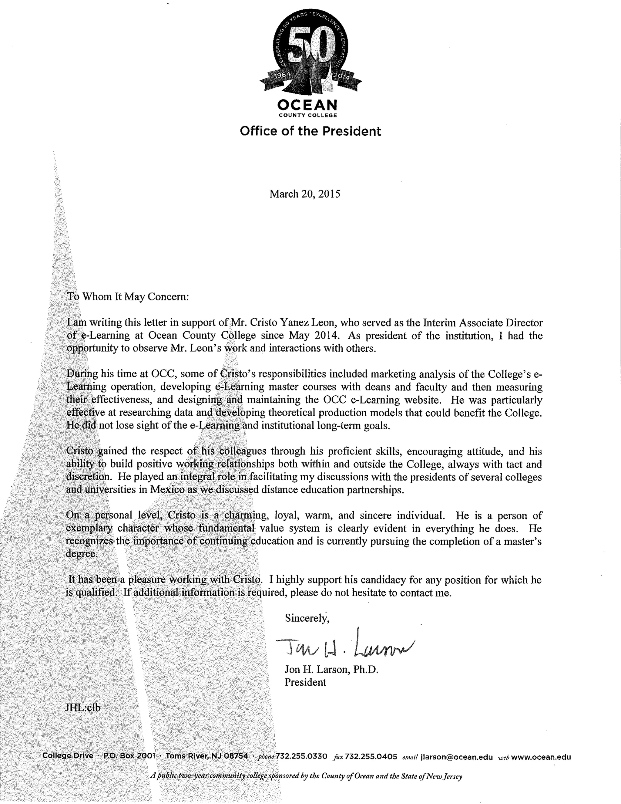 Letter of Recommendation President Jon Larson OCC | PDF | College ...