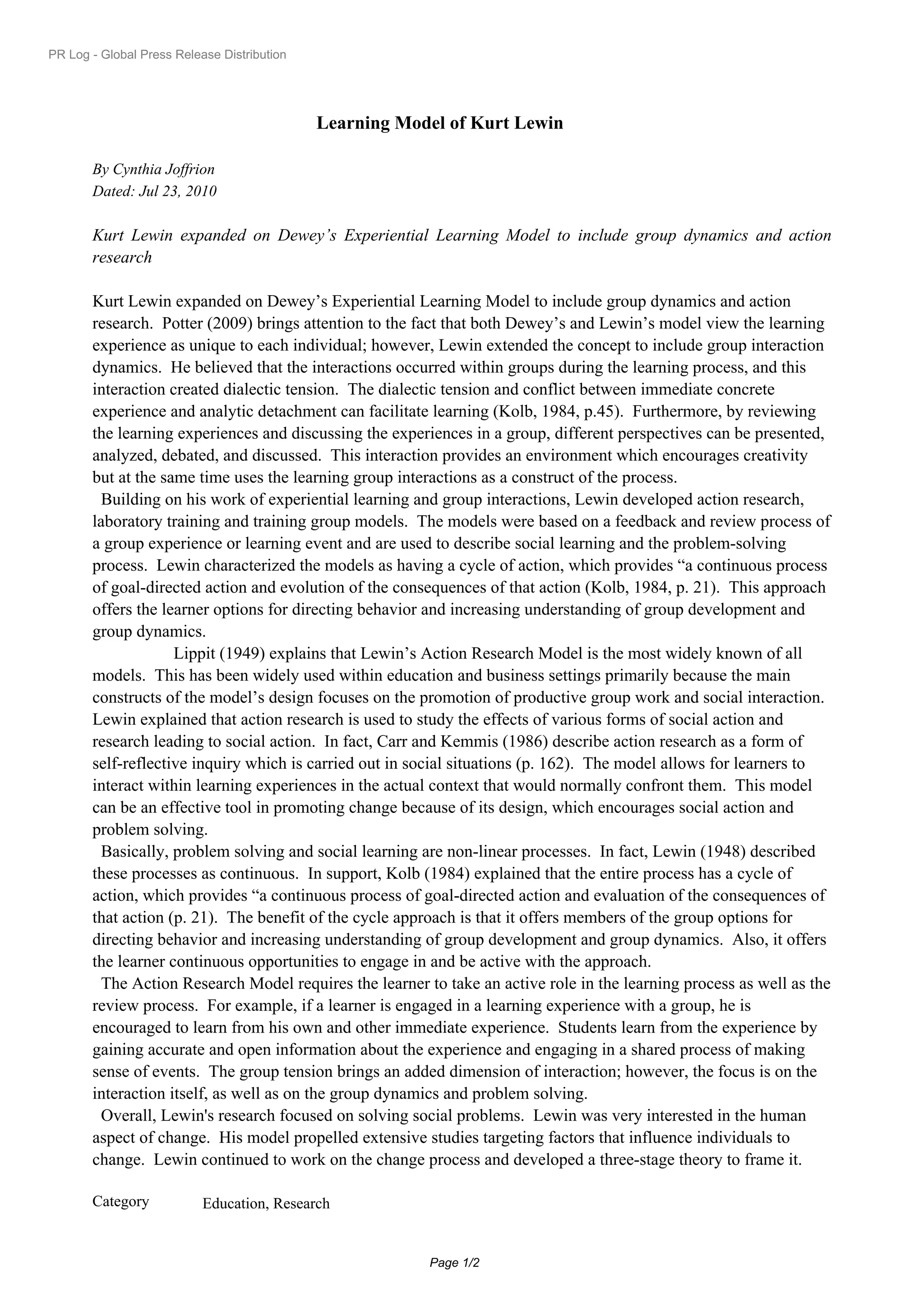 10814339 learning-model-of-kurt-lewin | PDF