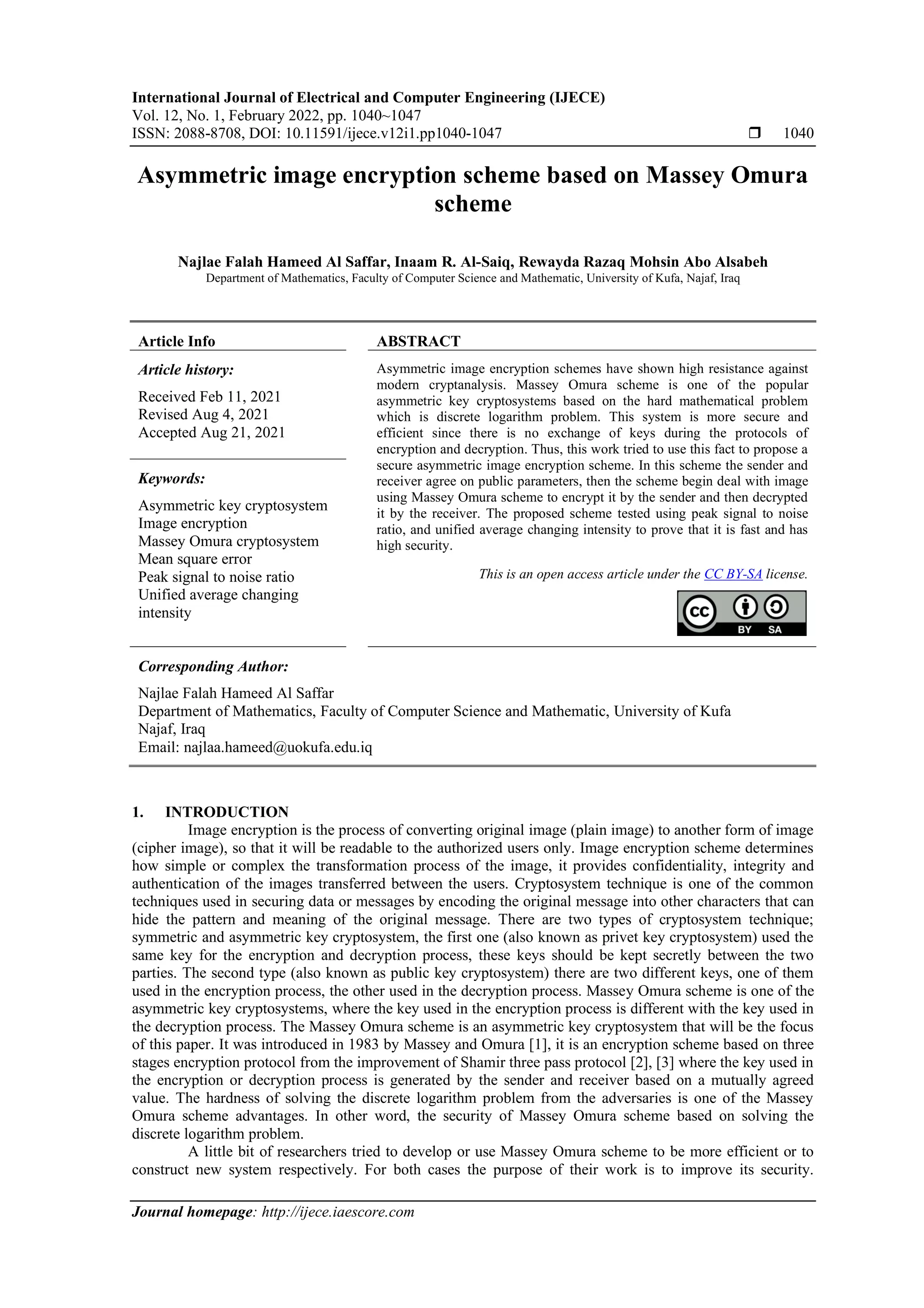 Asymmetric image encryption scheme based on Massey Omura scheme | PDF