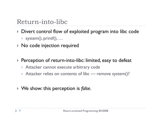 Return Oriented Programming Exploits Without Code Injection Ppt 1108