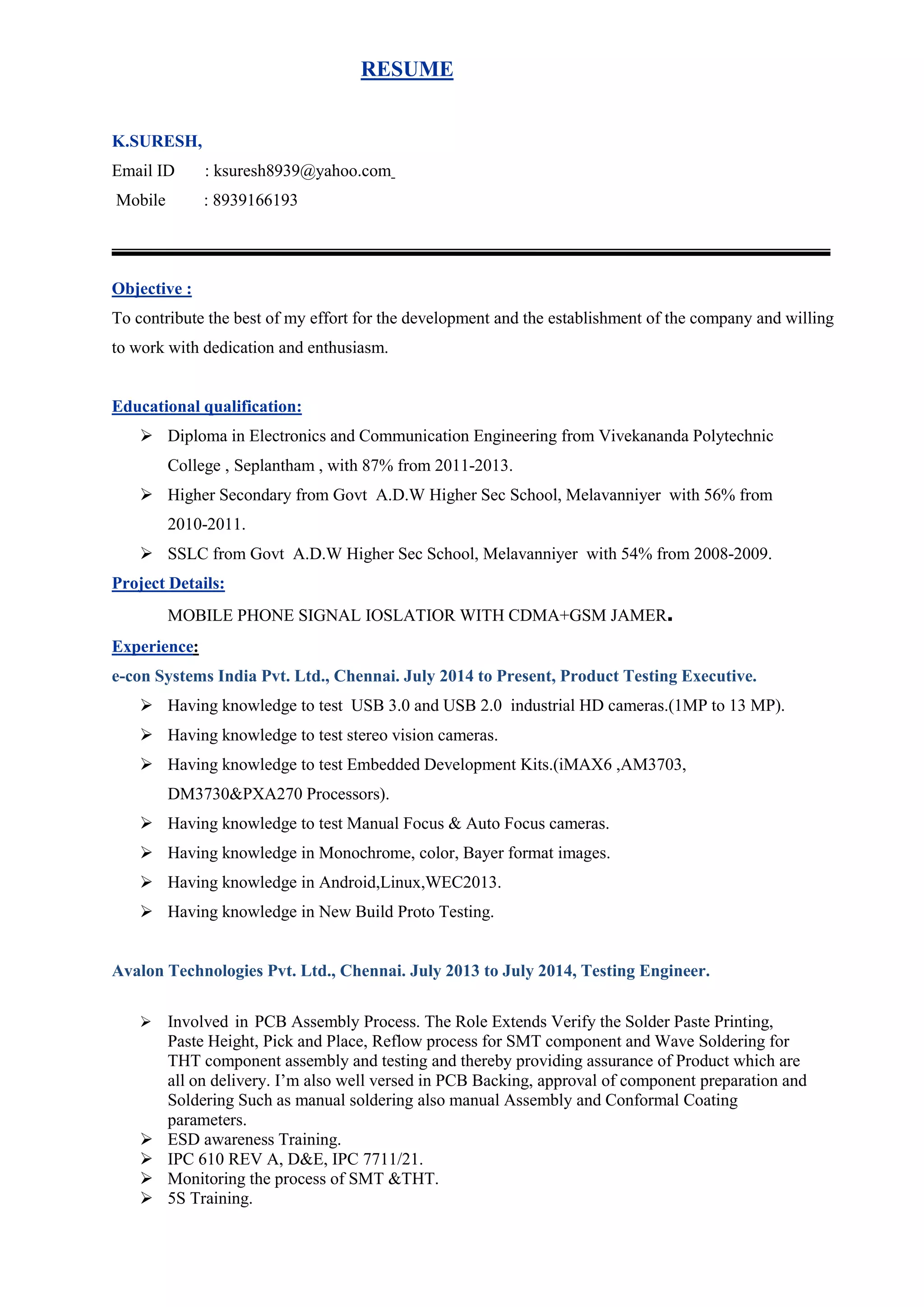 K.SURESH RESUME UPDATE | PDF | Cameras and Camcorders | Consumer ...