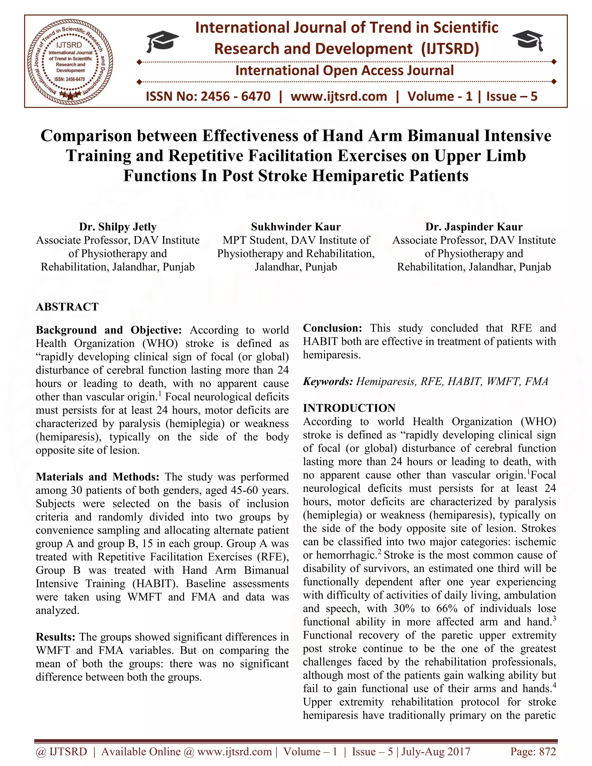 Comparison between Effectiveness of Hand Arm Bimanual Intensive ...