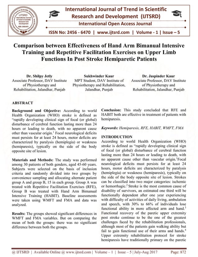 Comparison between Effectiveness of Hand Arm Bimanual Intensive ...
