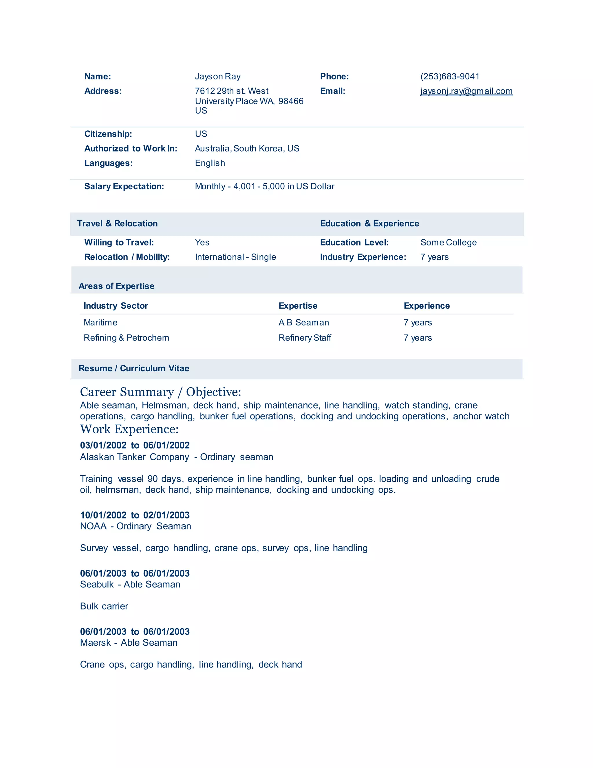 Merchant Mariner Resume | DOCX | Cruises | Travel Type