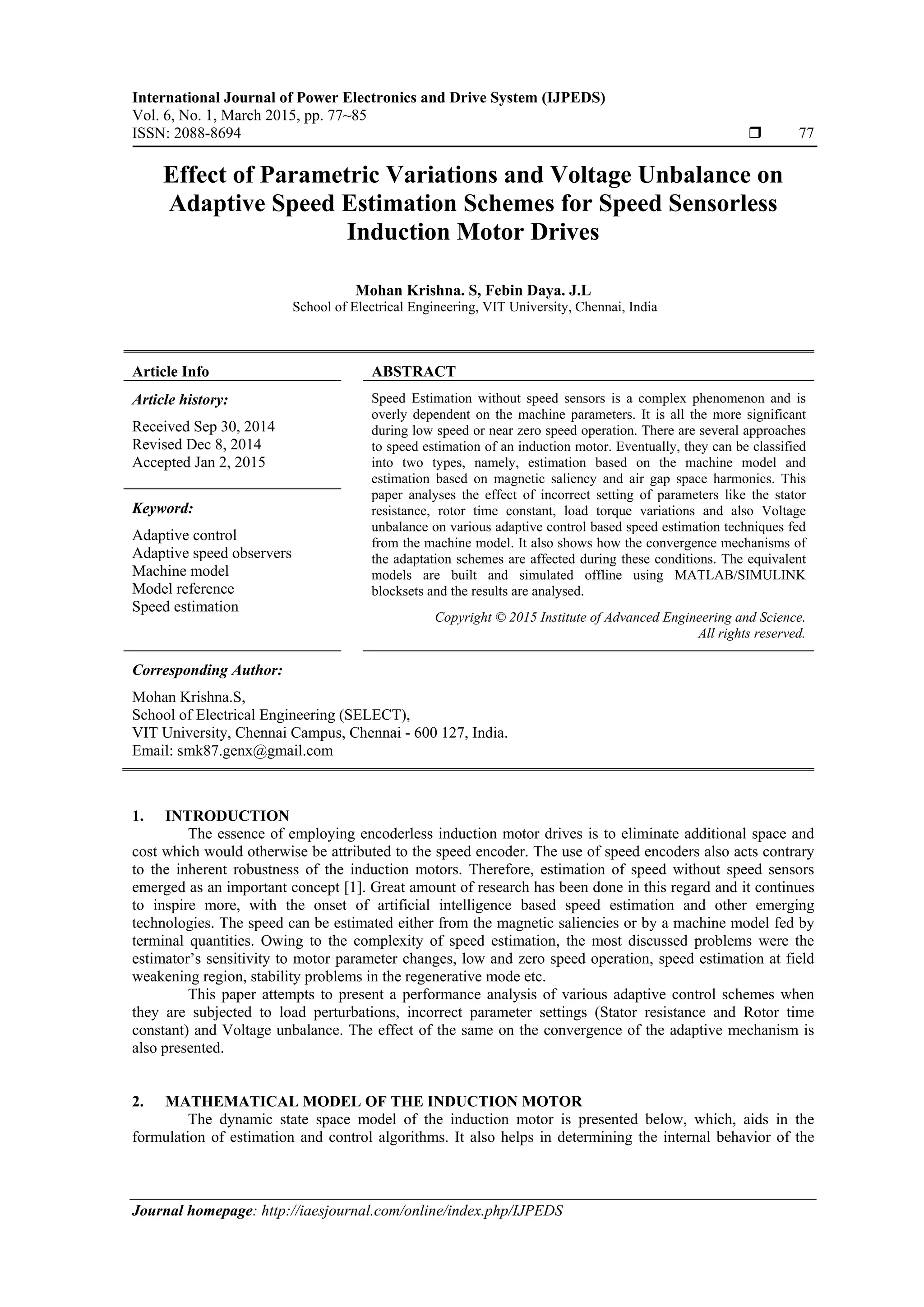 Effect Of Parametric Variations And Voltage Unbalance On Adaptive Speed