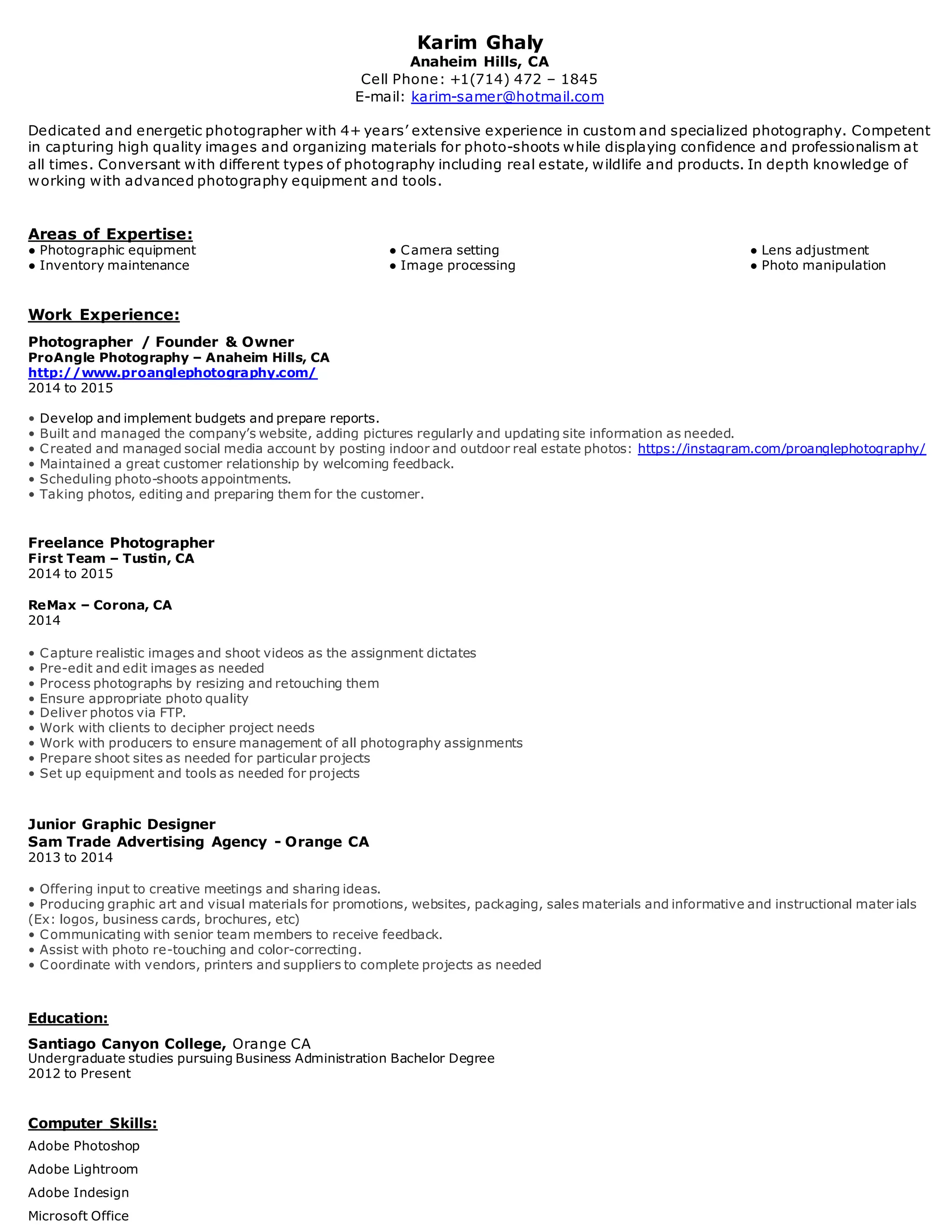 Karim Ghaly Resume 2015 | DOCX | Photography | Arts and Crafts