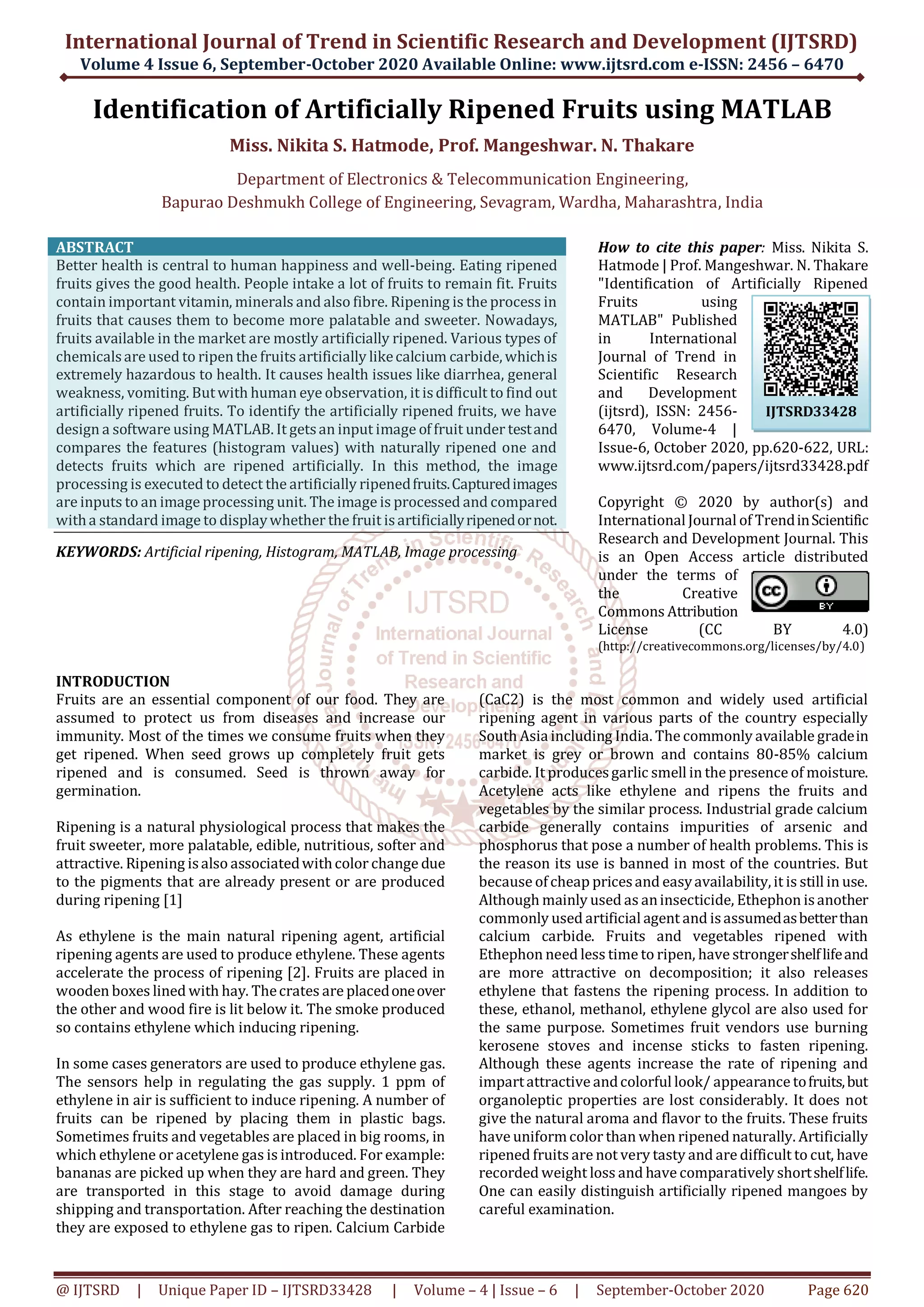 Identification of Artificially Ripened Fruits using MATLAB | PDF