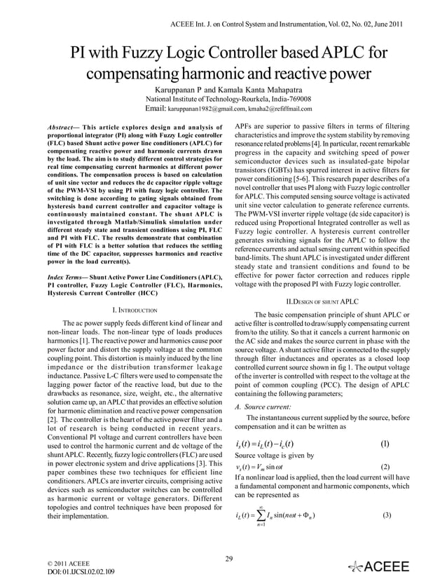 PI with Fuzzy Logic Controller based APLC for compensating harmonic and reactive power | PDF