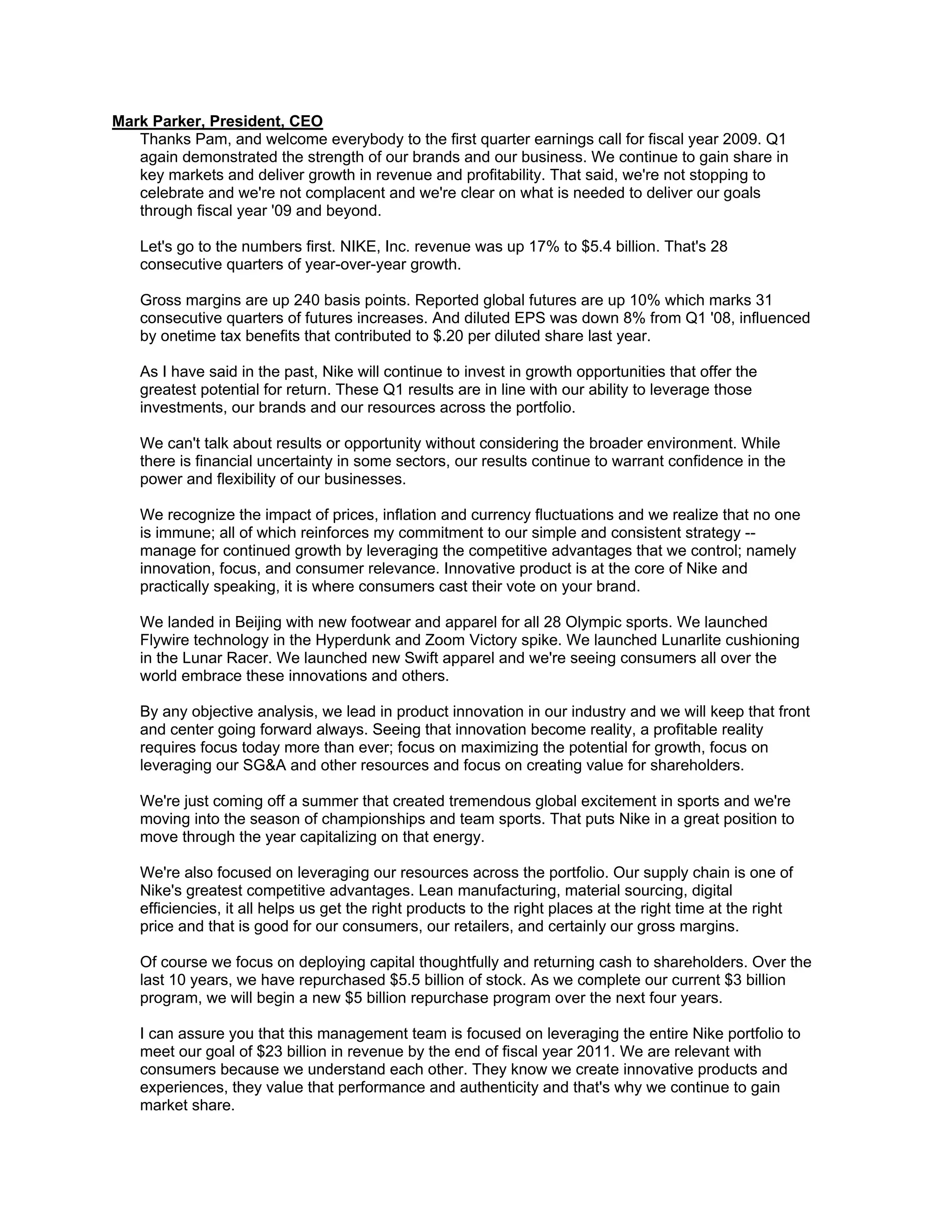 nike Q12009EarningsTranscript | PDF