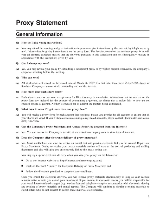 southern Proxy Statement 2007 | PDF | Business Accounting & Finance | Business