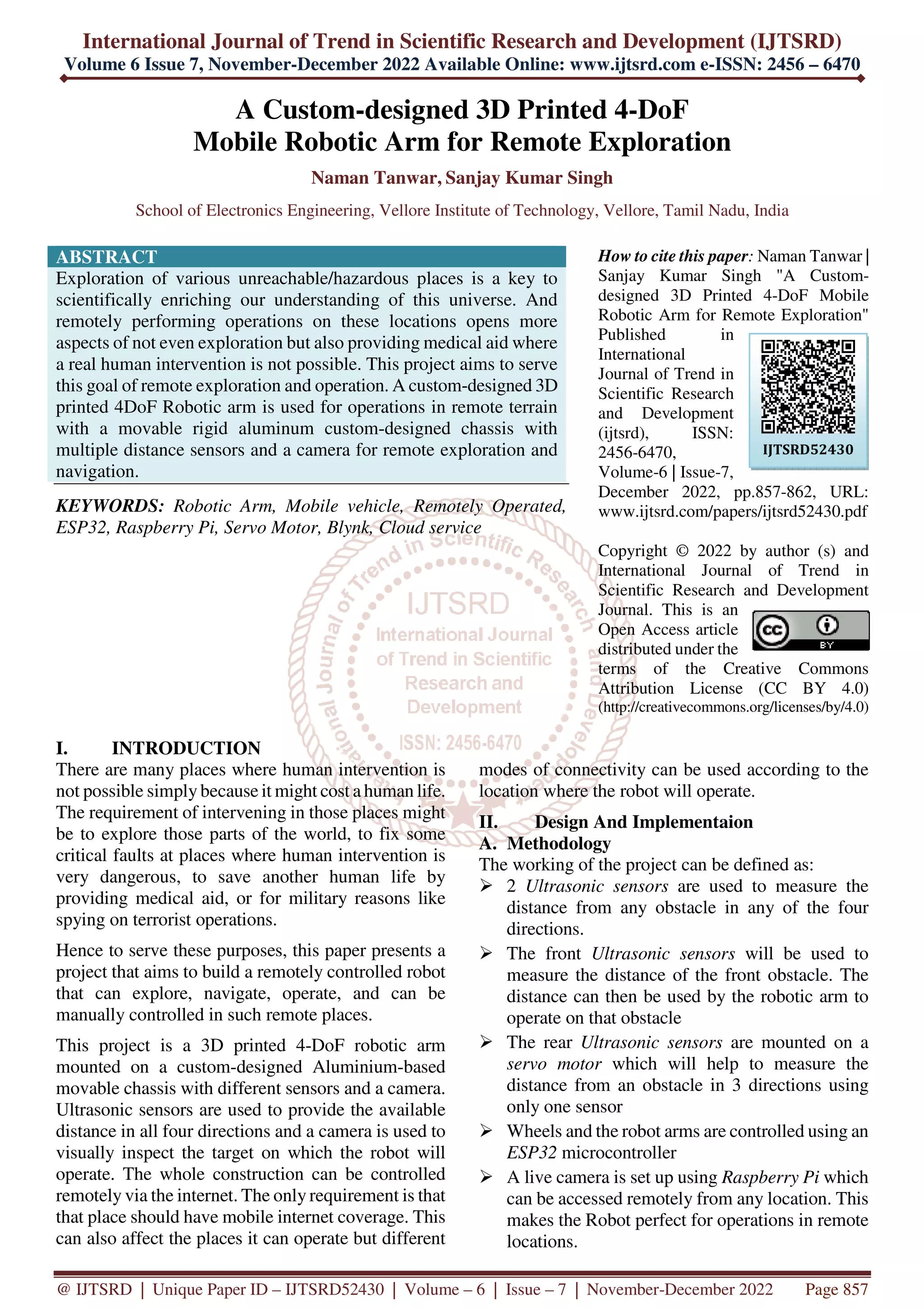 A Custom designed 3D Printed 4 DoF Mobile Robotic Arm for Remote Exploration | PDF | Computer ...