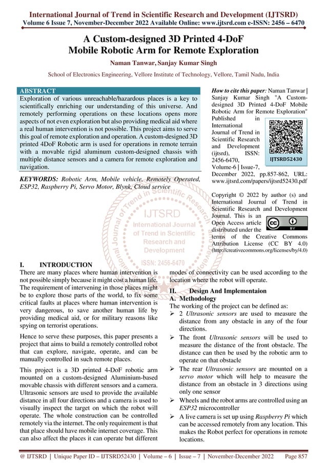 A Custom designed 3D Printed 4 DoF Mobile Robotic Arm for Remote Exploration | PDF | Computer ...