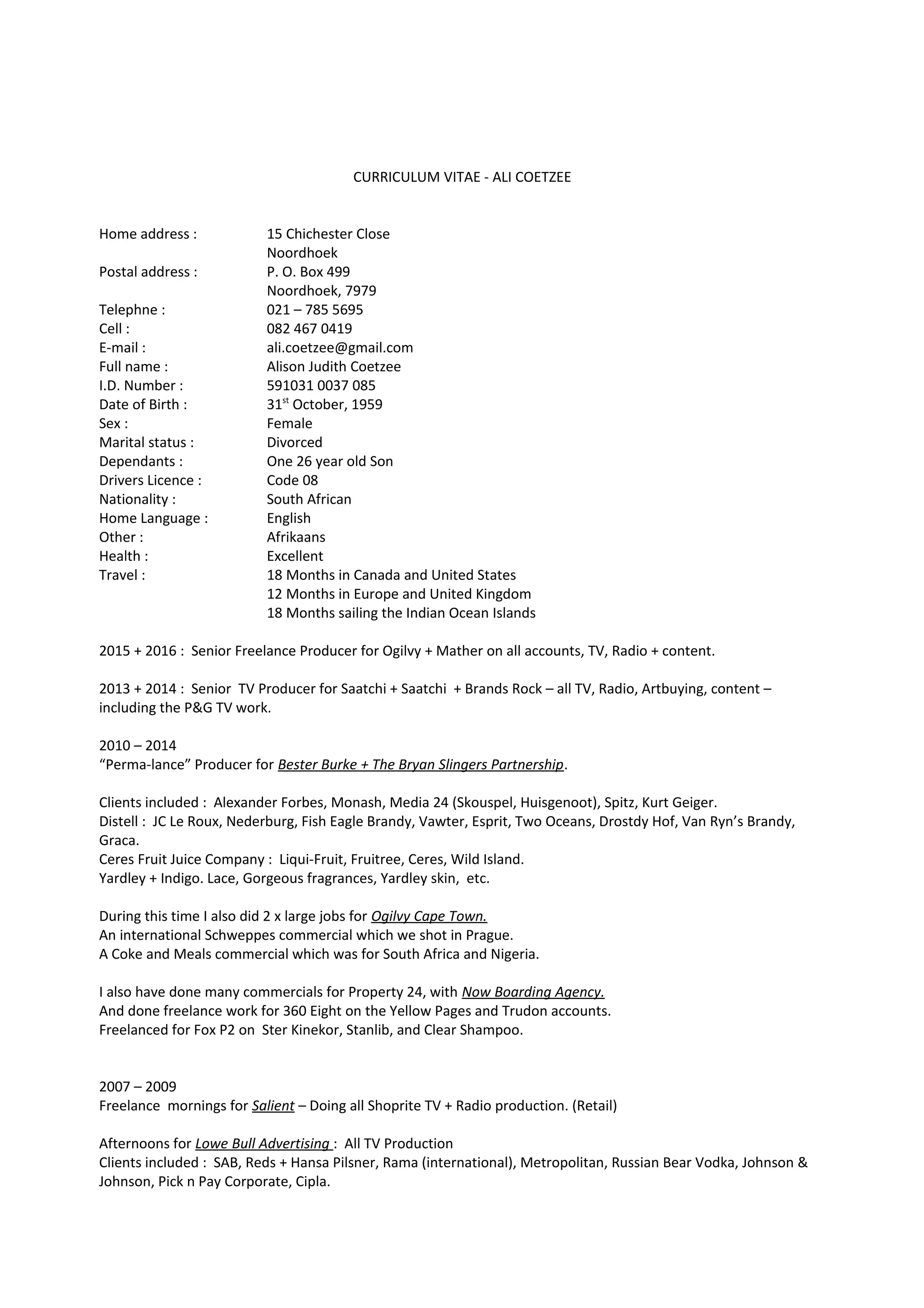 CV - COETZEE ALI 2016 | DOC