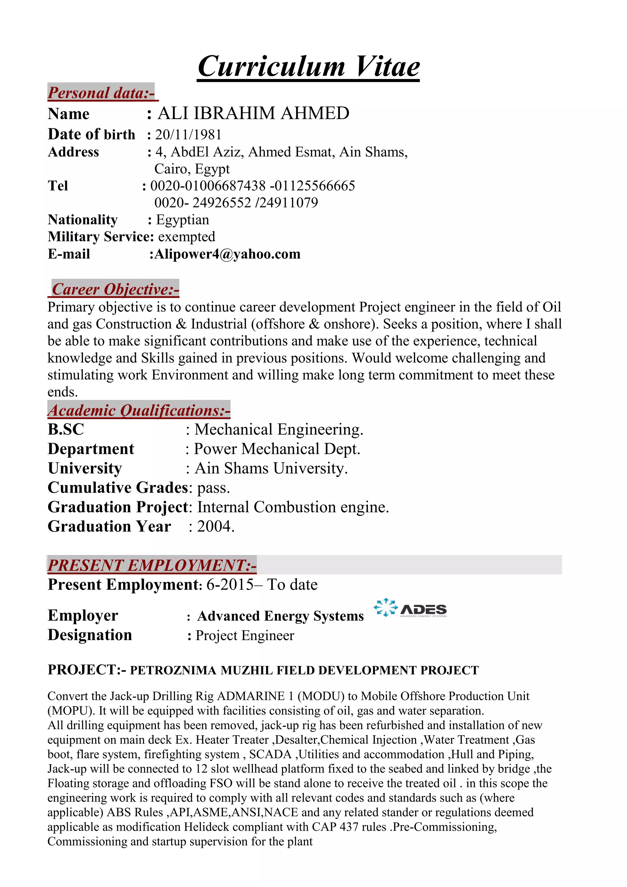 Project Mechanical Engineer C.V | PDF
