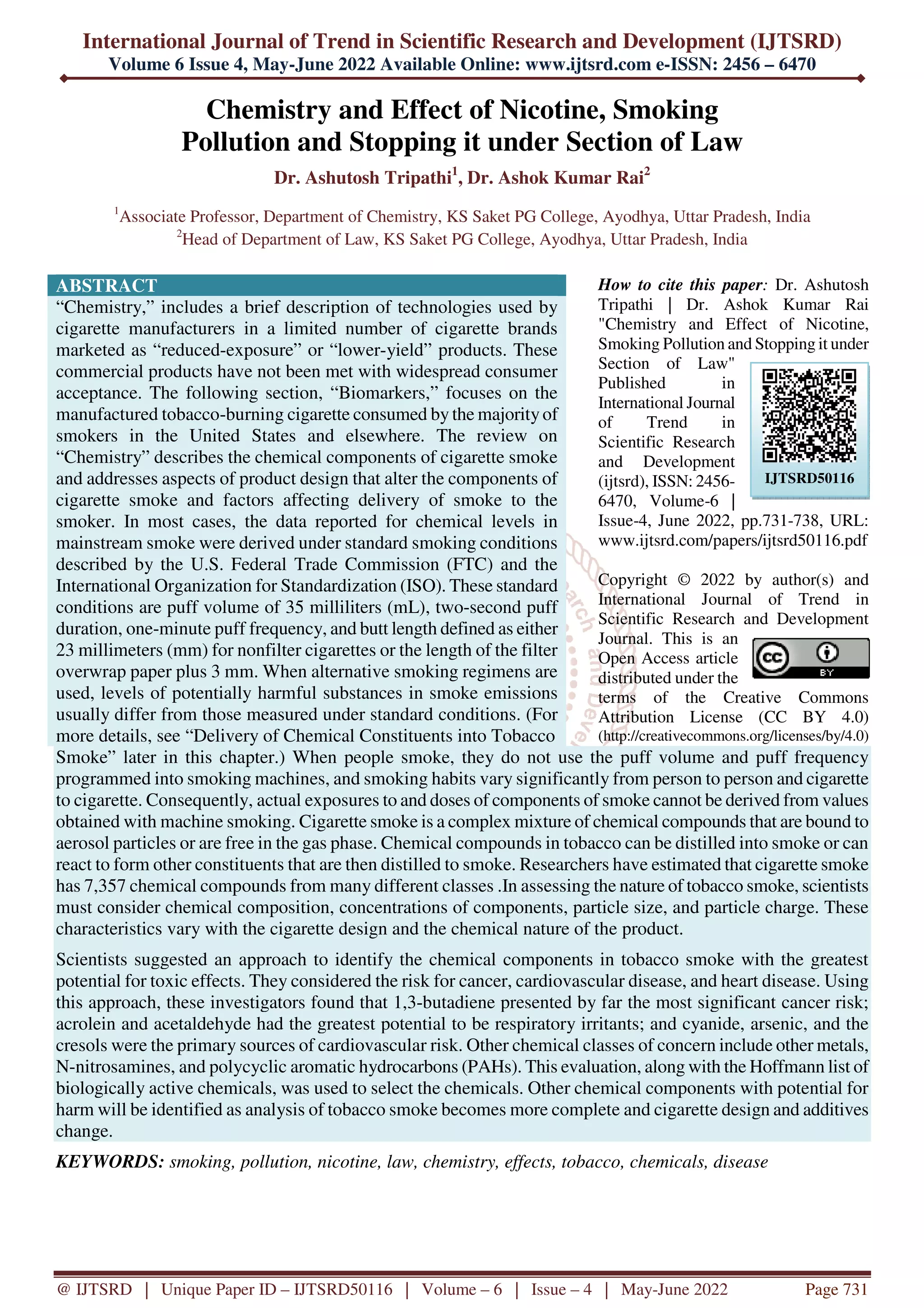 Chemistry and Effect of Nicotine, Smoking Pollution and Stopping it ...