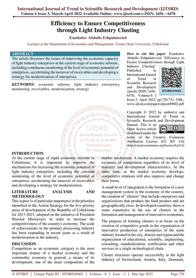 Efficiency to Ensure Competitiveness through Light Industry Clusting | PDF