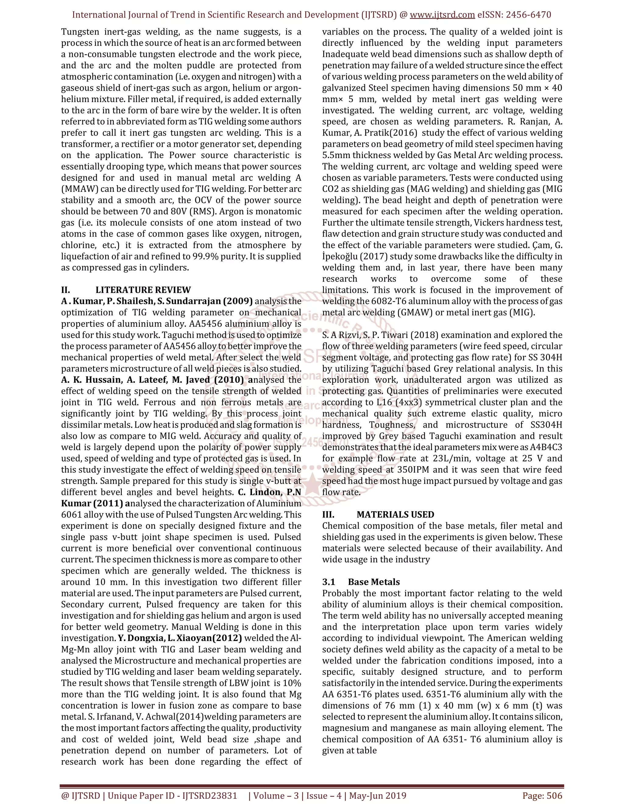 Optimization of Process Parameters on Tig Welding to Enhance Mechanical Properties of AA 6351 T6 ...