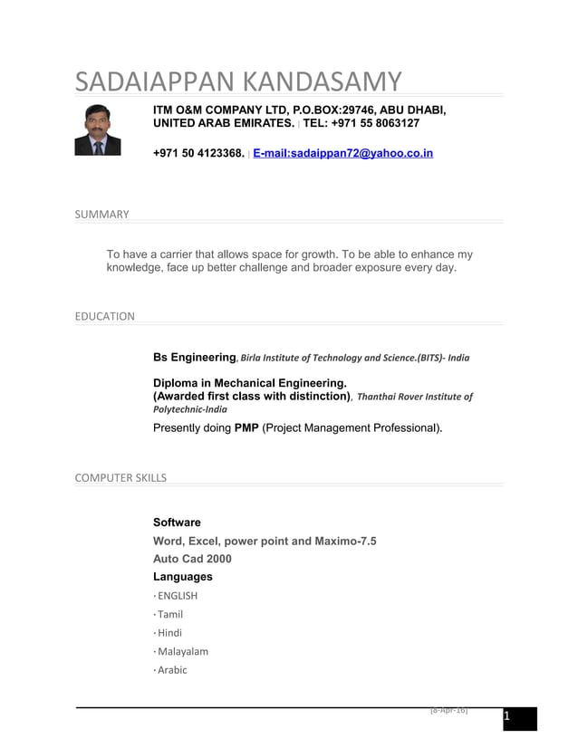 Sadaiappan Kandasamy CV | DOC