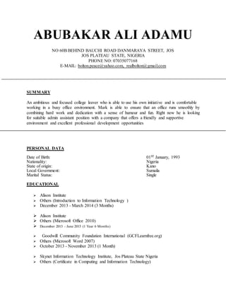 ABUBAKAR ALI ADAMU CV 93 | DOCX | Secondary Education | Education
