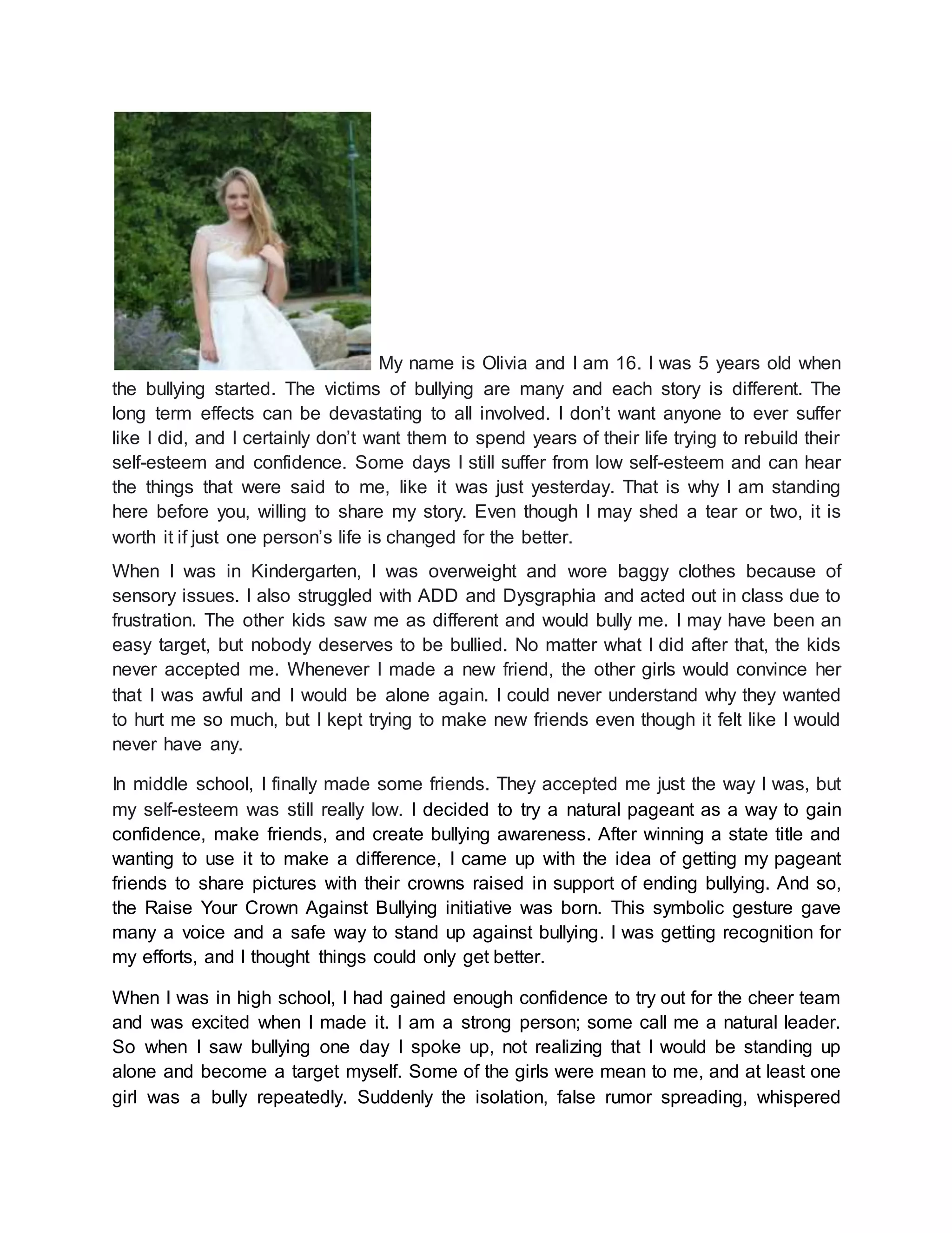 Olivia's bullying story with photo | DOCX