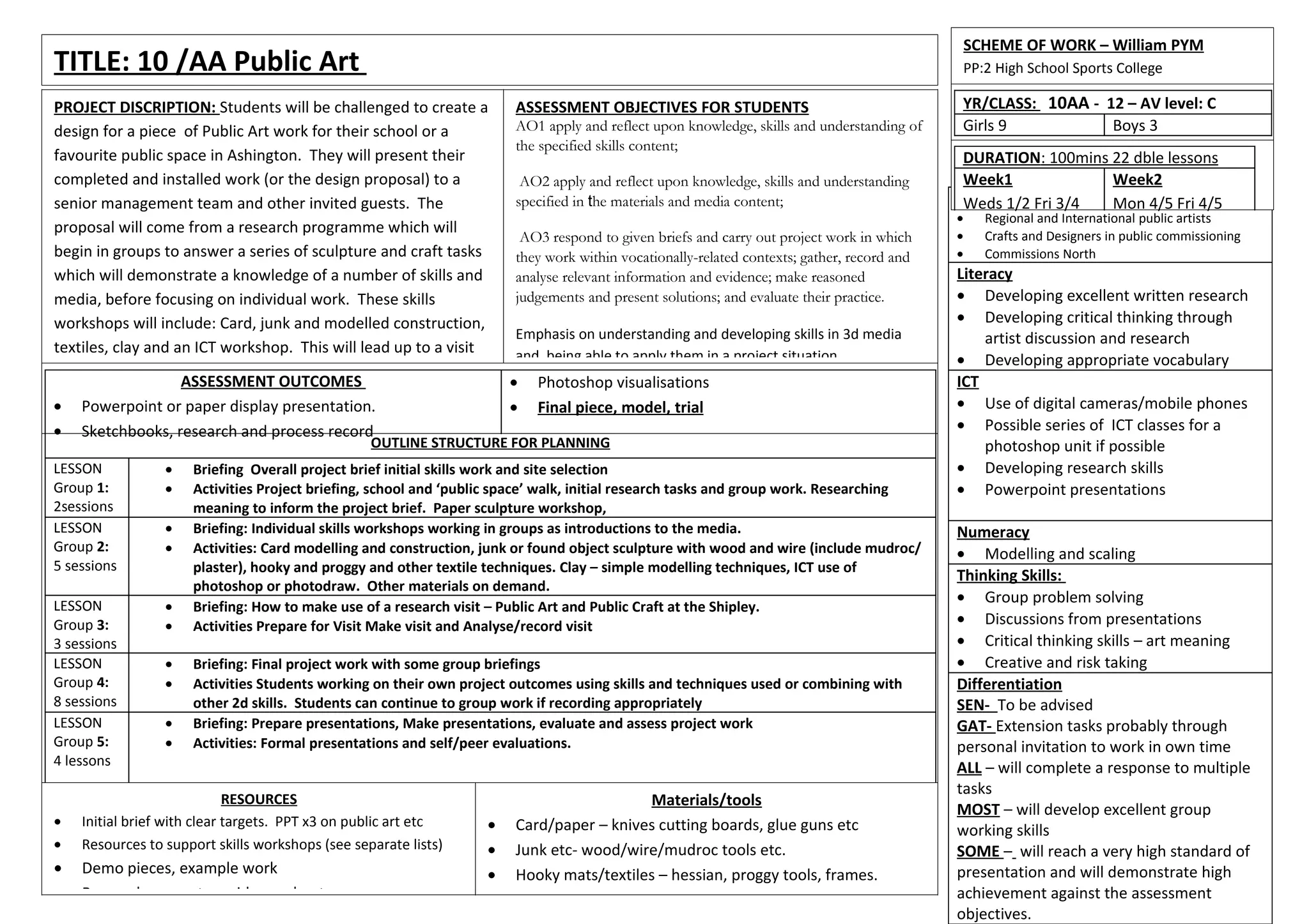 Art Keystage 4 Public Art Scheme of work | DOC