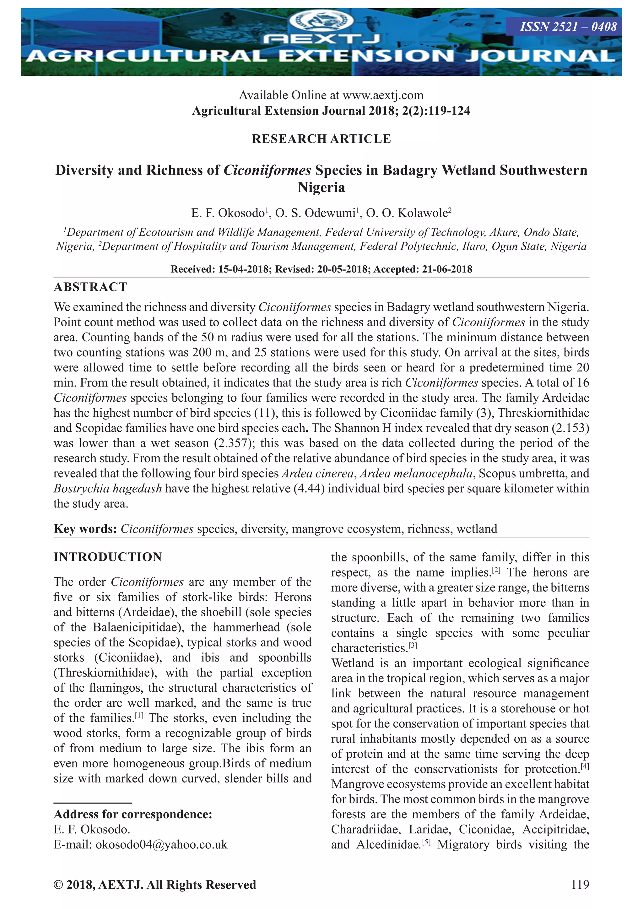 Diversity and Richness of Ciconiiformes Species in Badagry Wetland ...