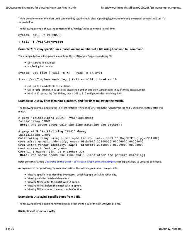 10 awesome examples for viewing huge log files in unix | PDF