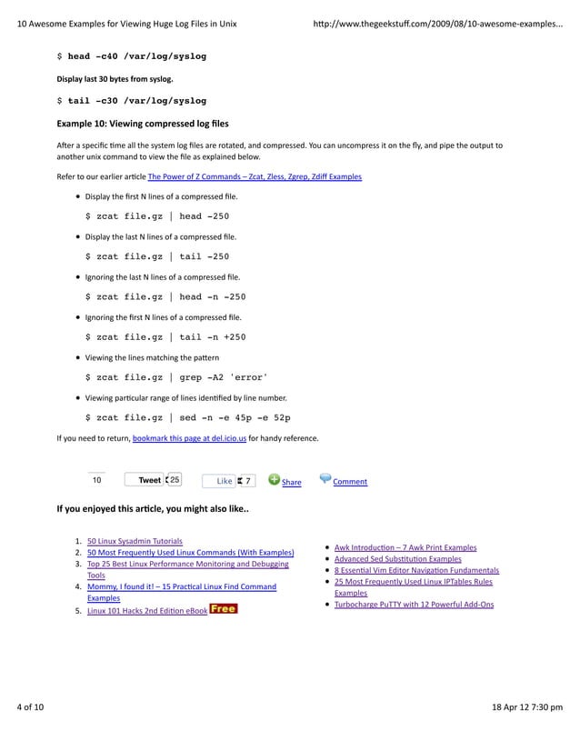 10 awesome examples for viewing huge log files in unix | PDF