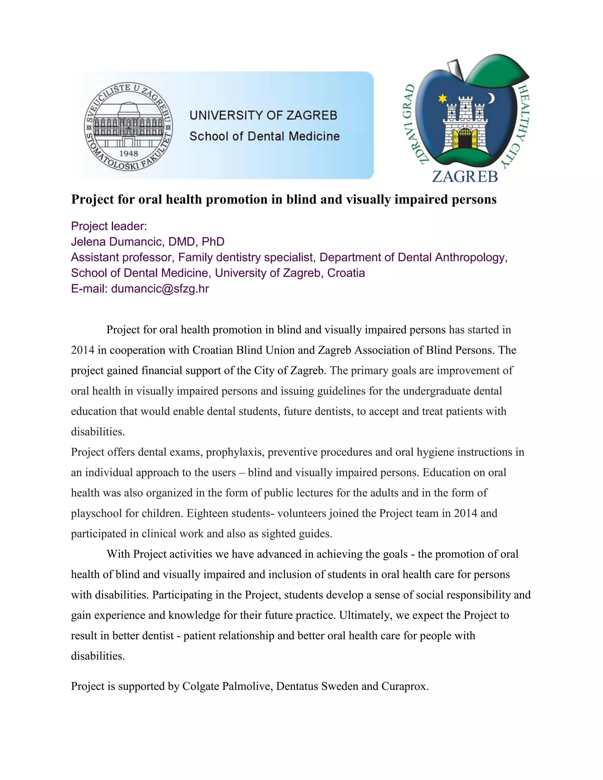 Project for oral health promotion in blind and visually impaired ...