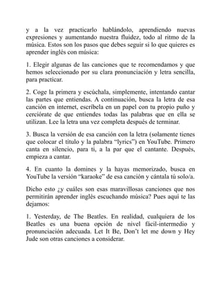 10 canciones para aprender inglés con música | PDF