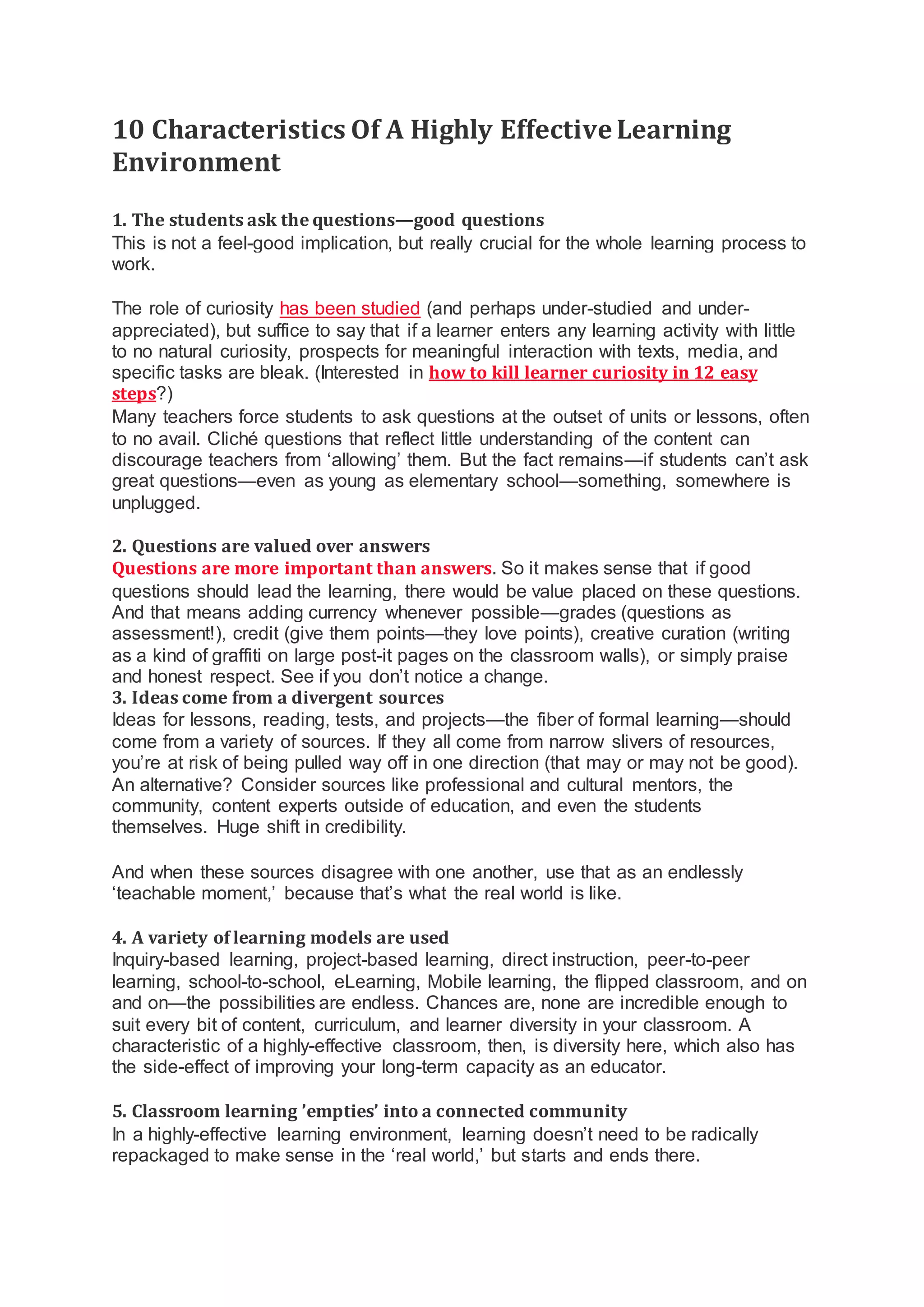 10 characteristics of a highly effective learning environment | DOCX