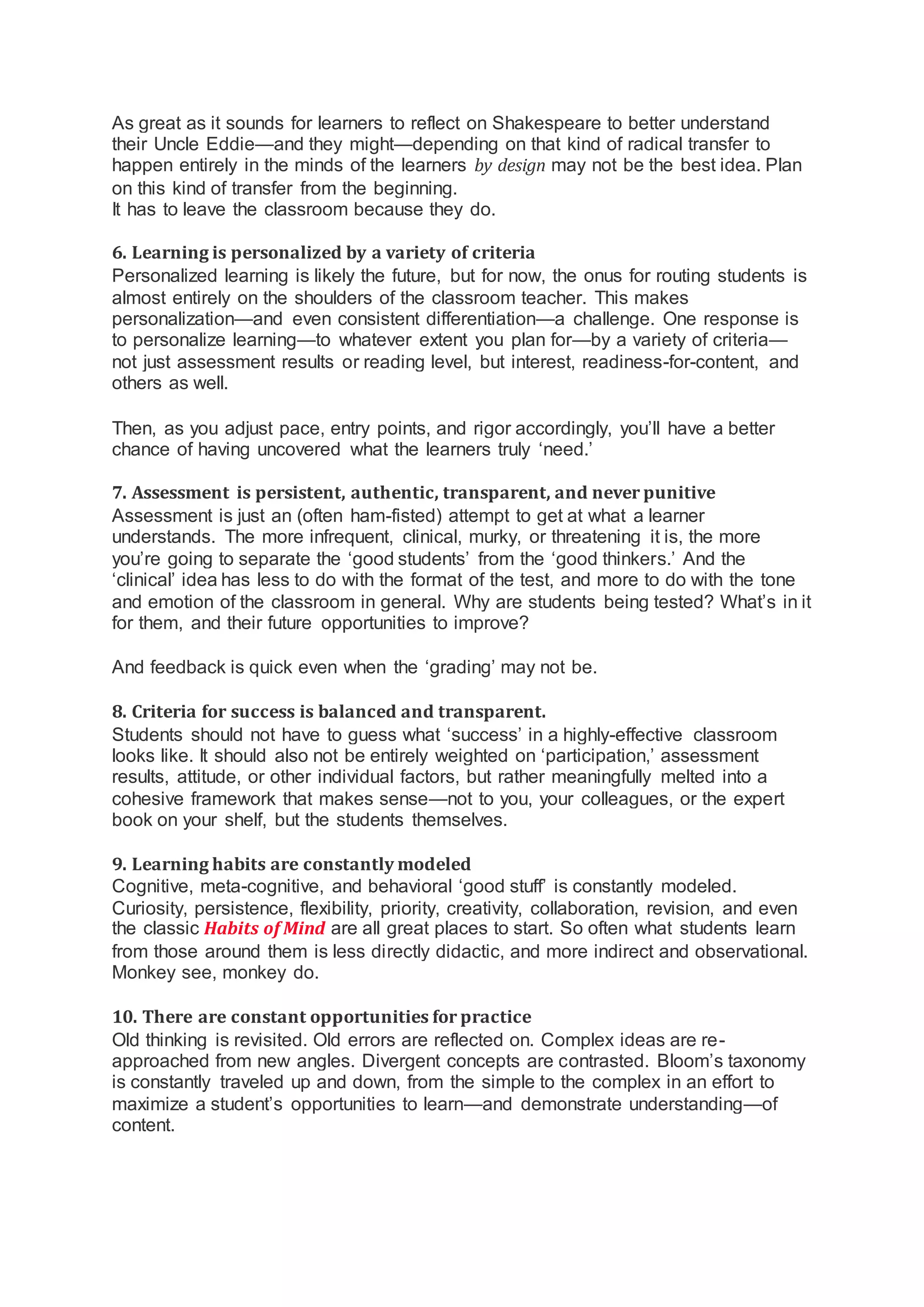 10 characteristics of a highly effective learning environment | DOCX