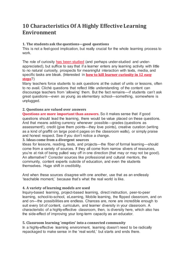 10 characteristics of a highly effective learning environment | DOCX