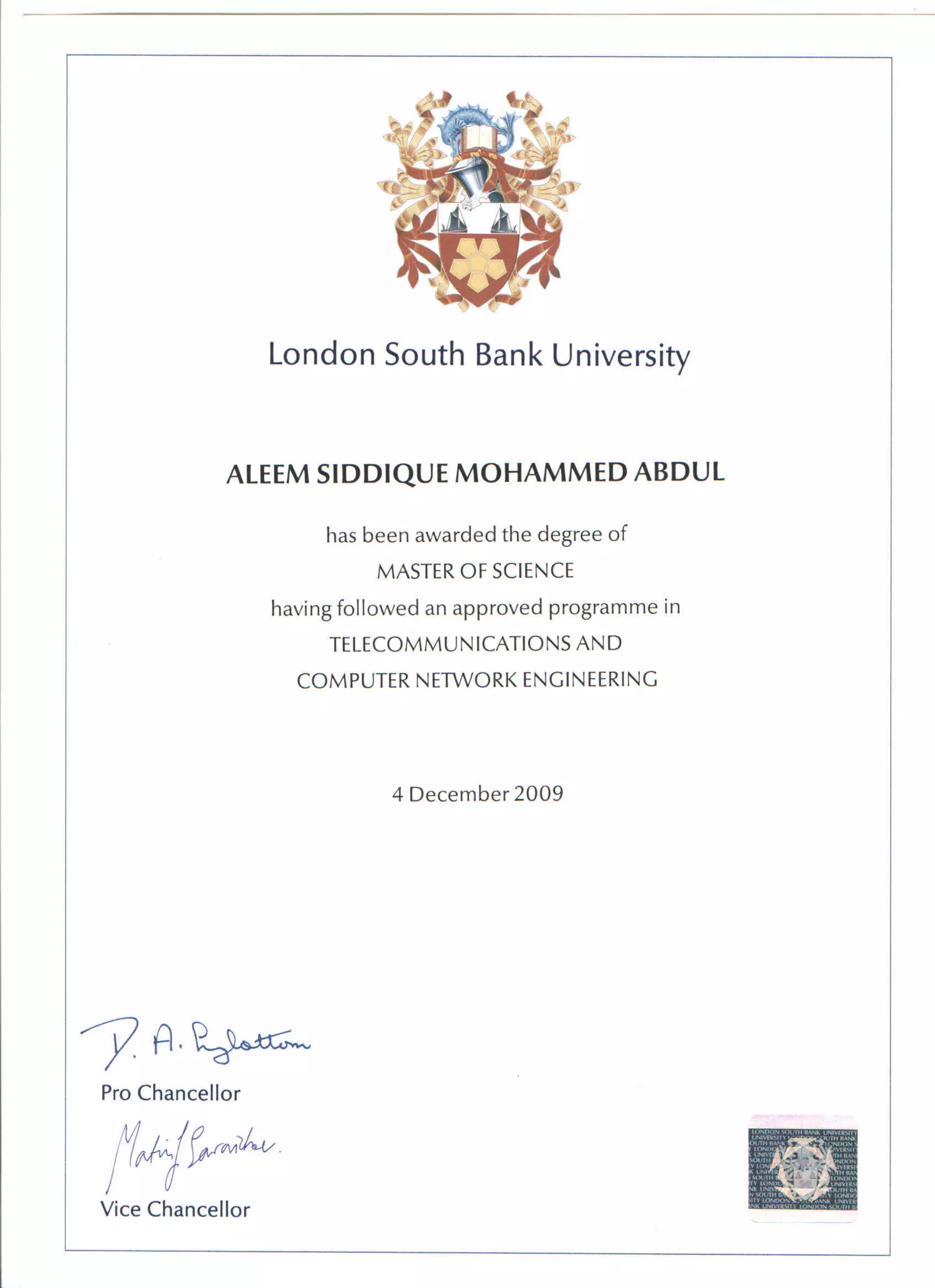 Abdul Aleem Masters London Certificate | PDF