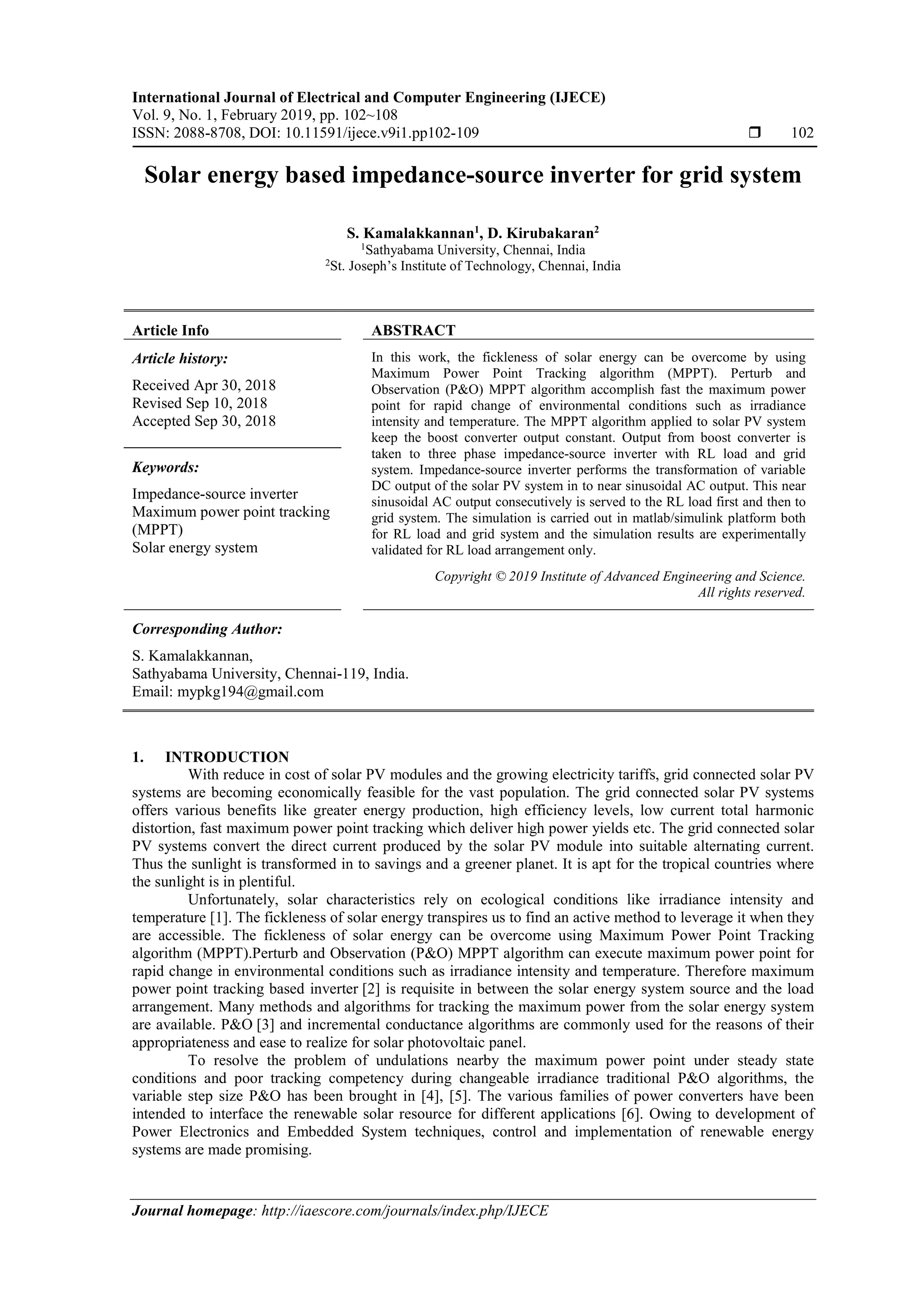 Solar energy based impedance-source inverter for grid system | PDF