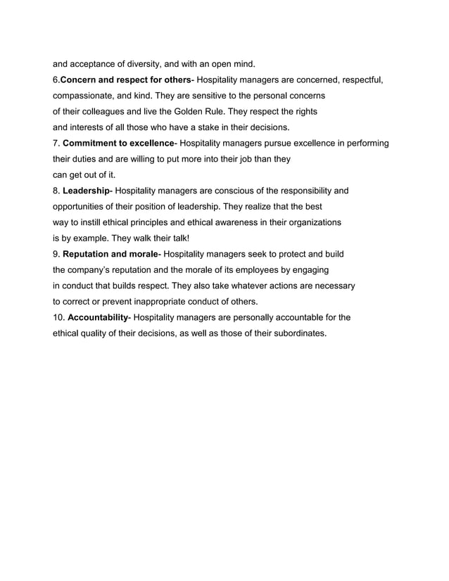 10 ethical principles for hospitality managers | DOCX
