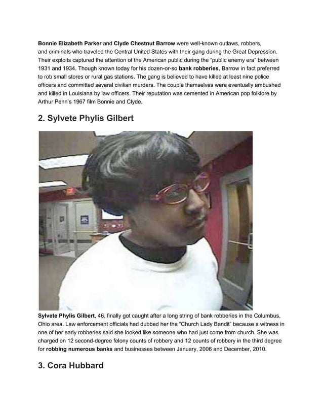 10 famous female bank robbers | DOCX | Crime & Harmful Acts to ...