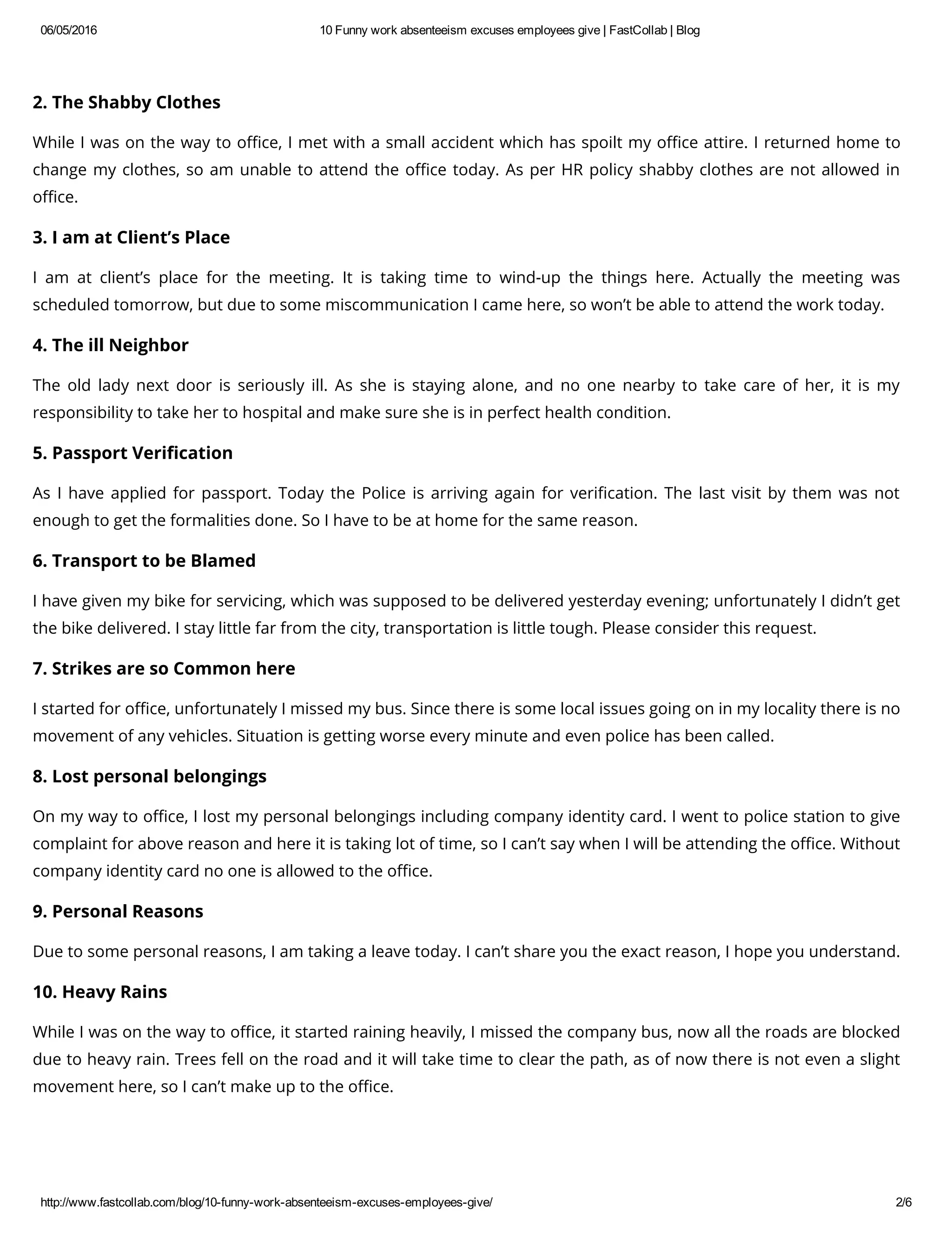 10 funny work absenteeism excuses employees give fast collab _ blog | PDF