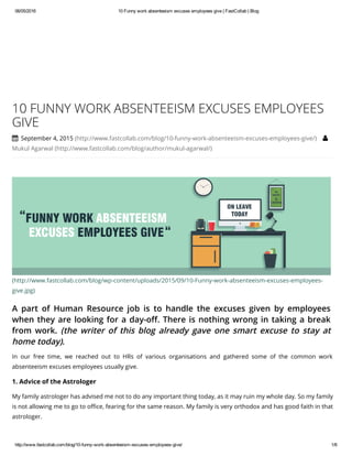 10 funny work absenteeism excuses employees give fast collab _ blog | PDF